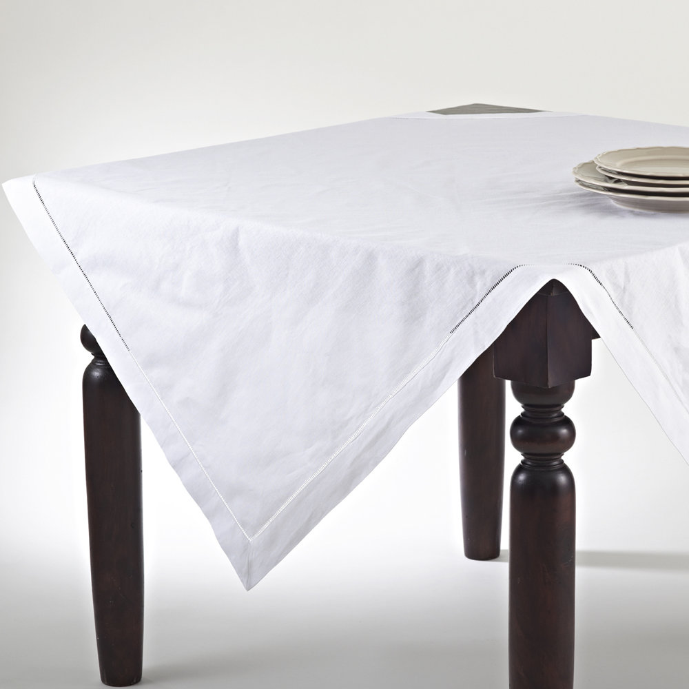 Hokku Designs White Classic Hemstitch Design Linen Cotton Tablecloth ...