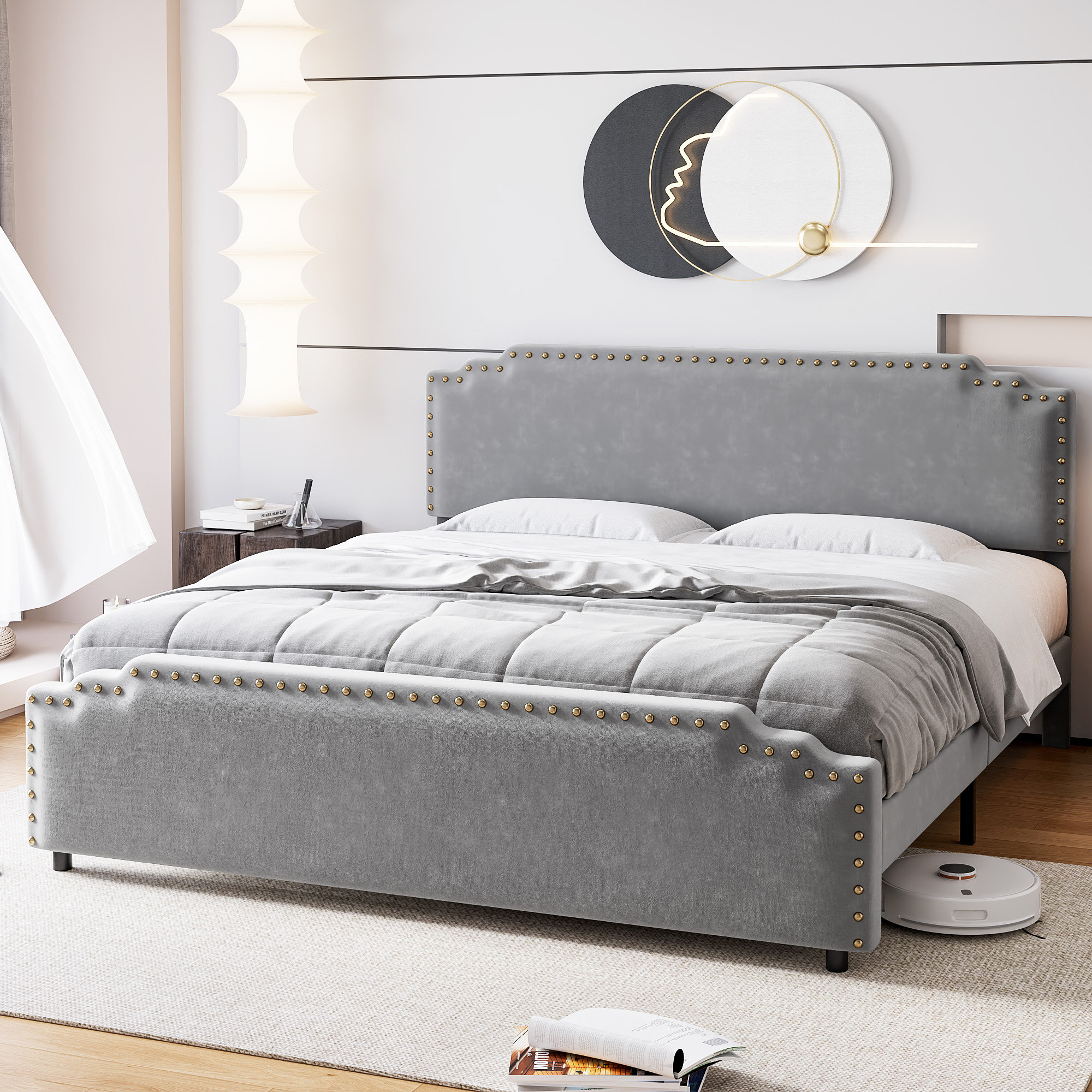 House of Hampton® Bed Frame with Headboard, Velvet Upholstered Platform ...