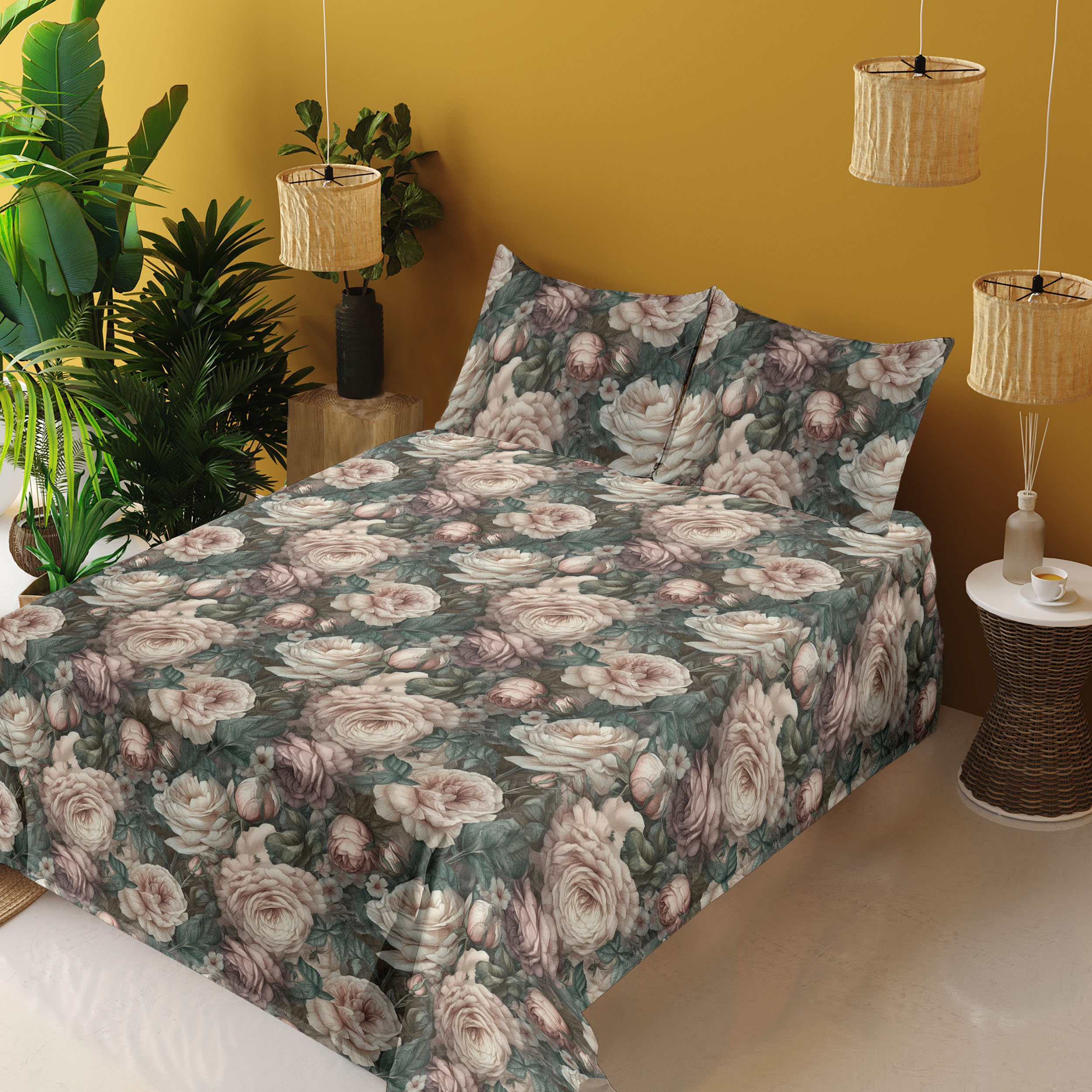 Ambesonne Floral Boho Sheet Set Melancholic Flowers Art Pale Peach Jade ...