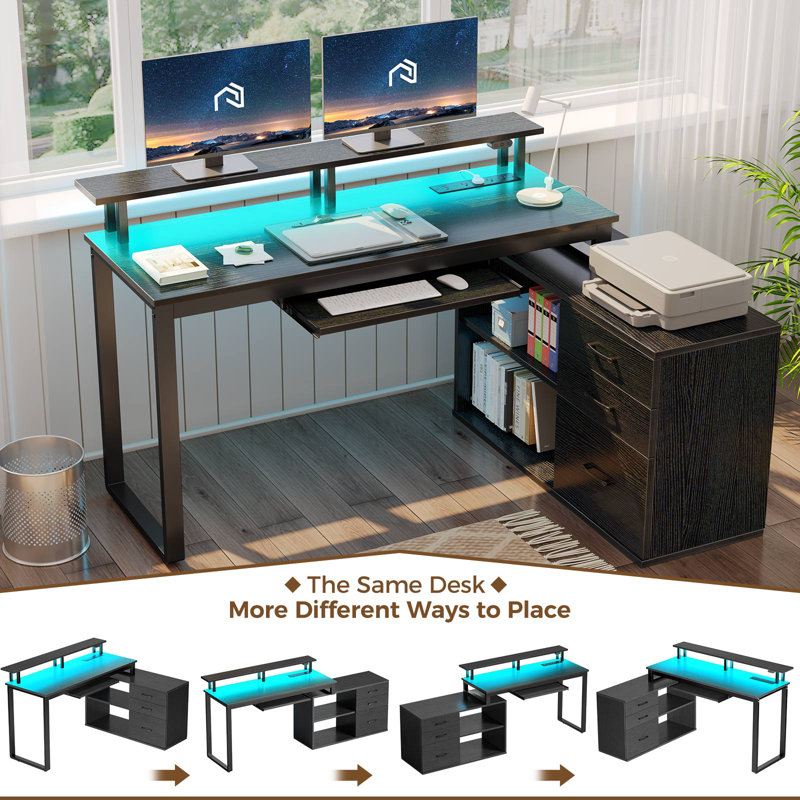 Ivy Bronx Ameliore 55.1" L Shaped Computer Desk with File Drawer, LED ...