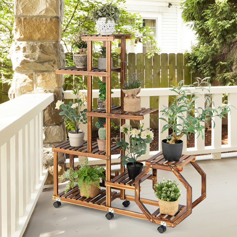 Arlmont & Co. Wooden Plant Stand On Wheels That Can Hold 12 Plants ...