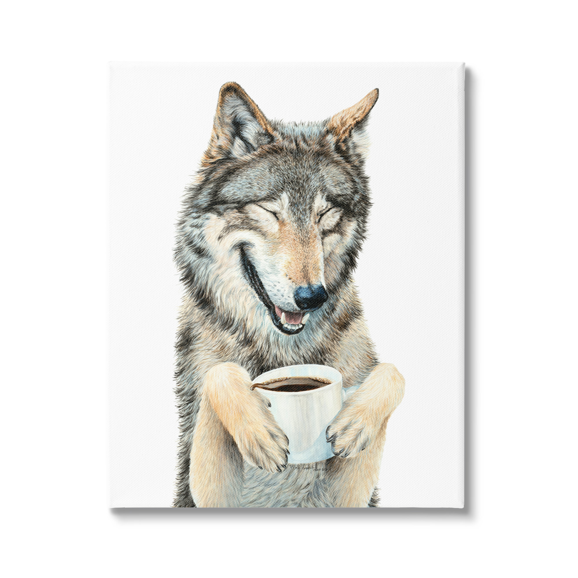 Winston Porter Laughing Wolf with Coffee Canvas Wall Art Design by ...