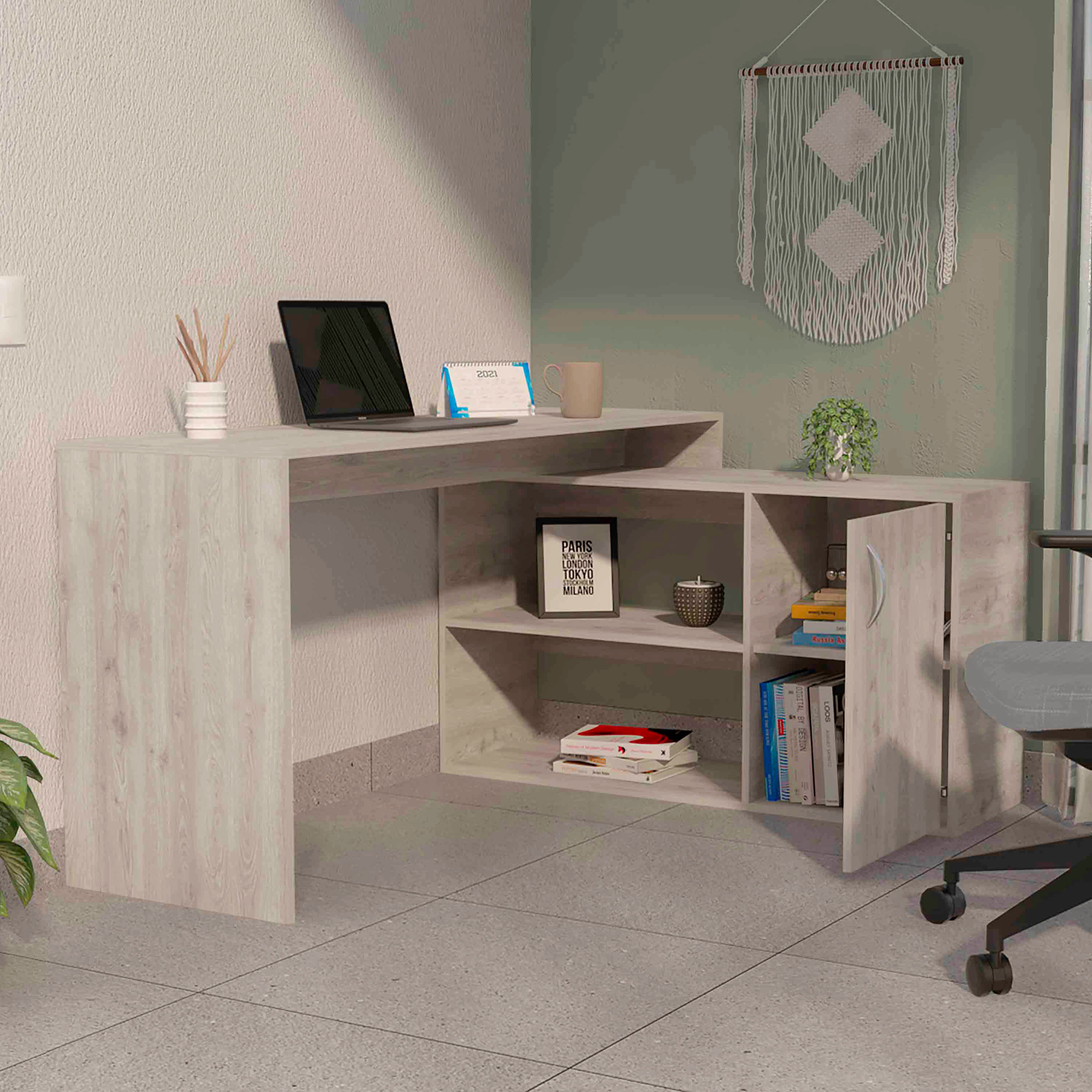 Wrought Studio L-Shaped Home Office Desk, Two Shelves, Single Door ...