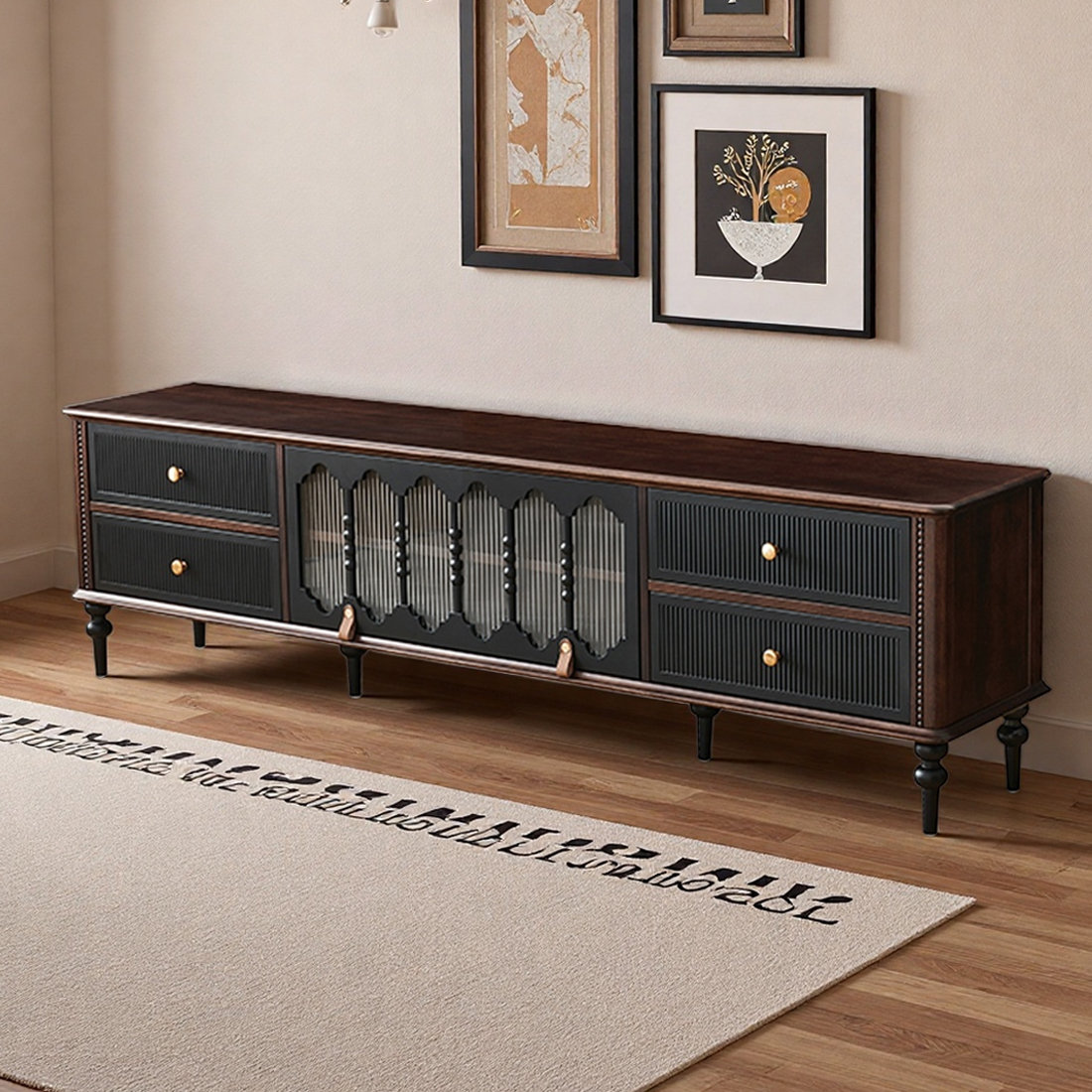 Canora Grey Walnut TV Stand with Ribbed Glass Cabinet Doors | Wayfair