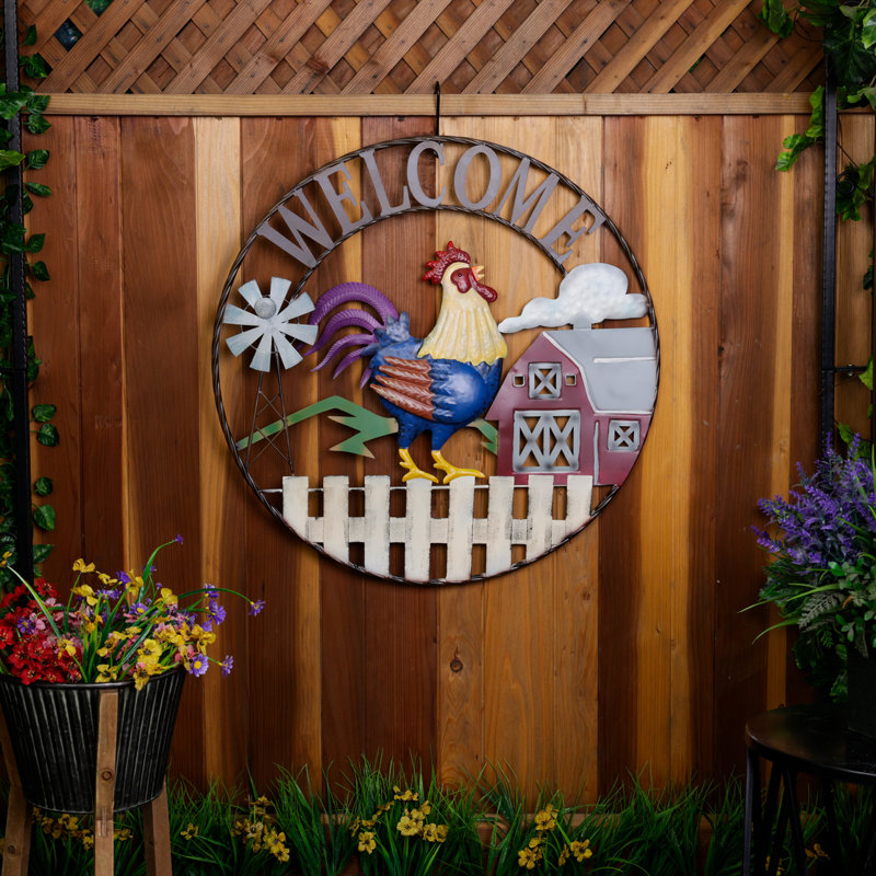 Alpine 30"H Large Round Rooster and Farm Welcome Wall Sign | Wayfair