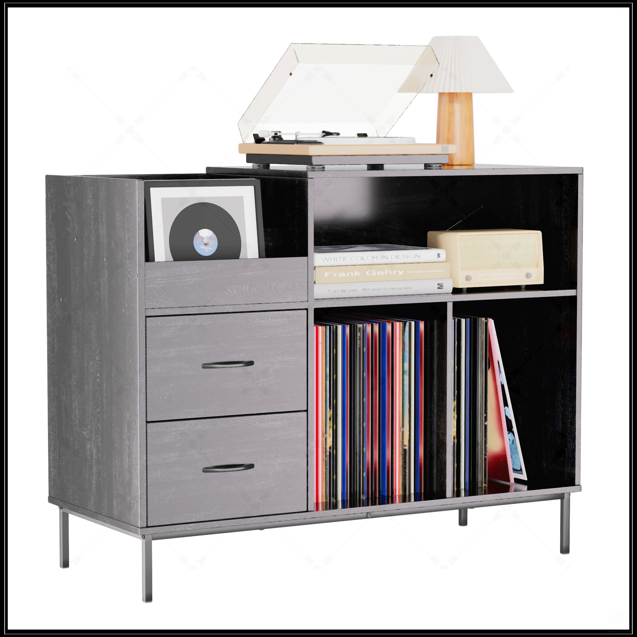 Latitude Run® Record Player Stand With Power Outlet & Flip-Down Lid ...