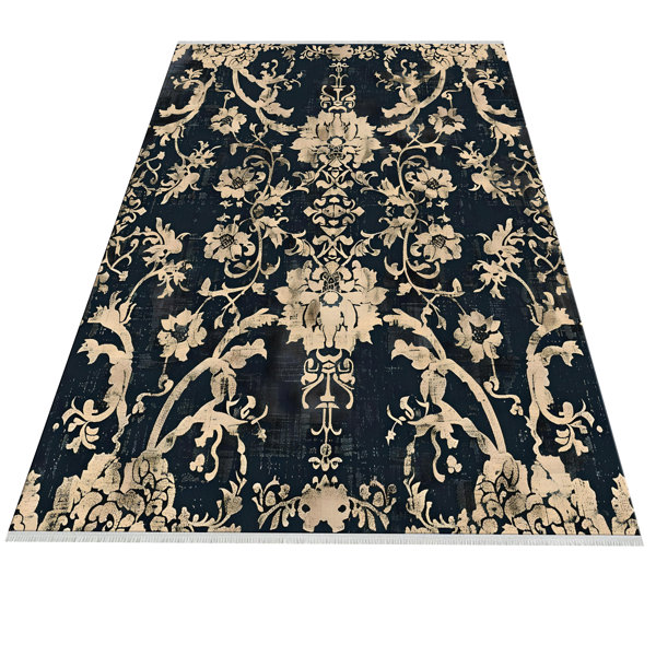Alcott Hill® Gray Navy Blue Distressed Pattern Area Rug | Wayfair