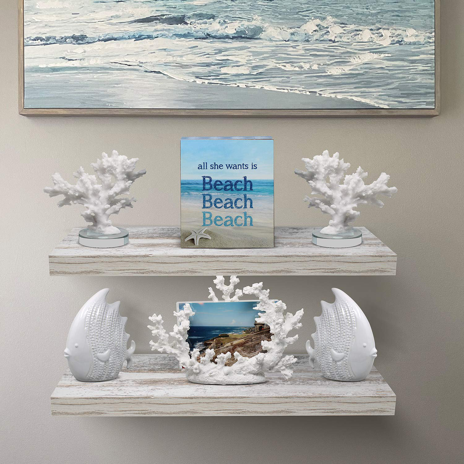 Sorbus Floating Shelf Set: Rustic Coastal Blue Rectangle Wall Shelves ...