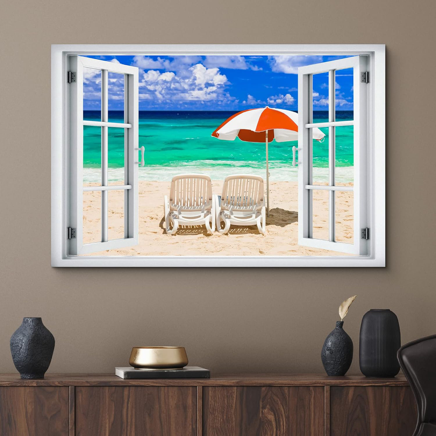 IDEA4WALL Window Scenery " Window View Beach Shore Chair Island Ocean ...