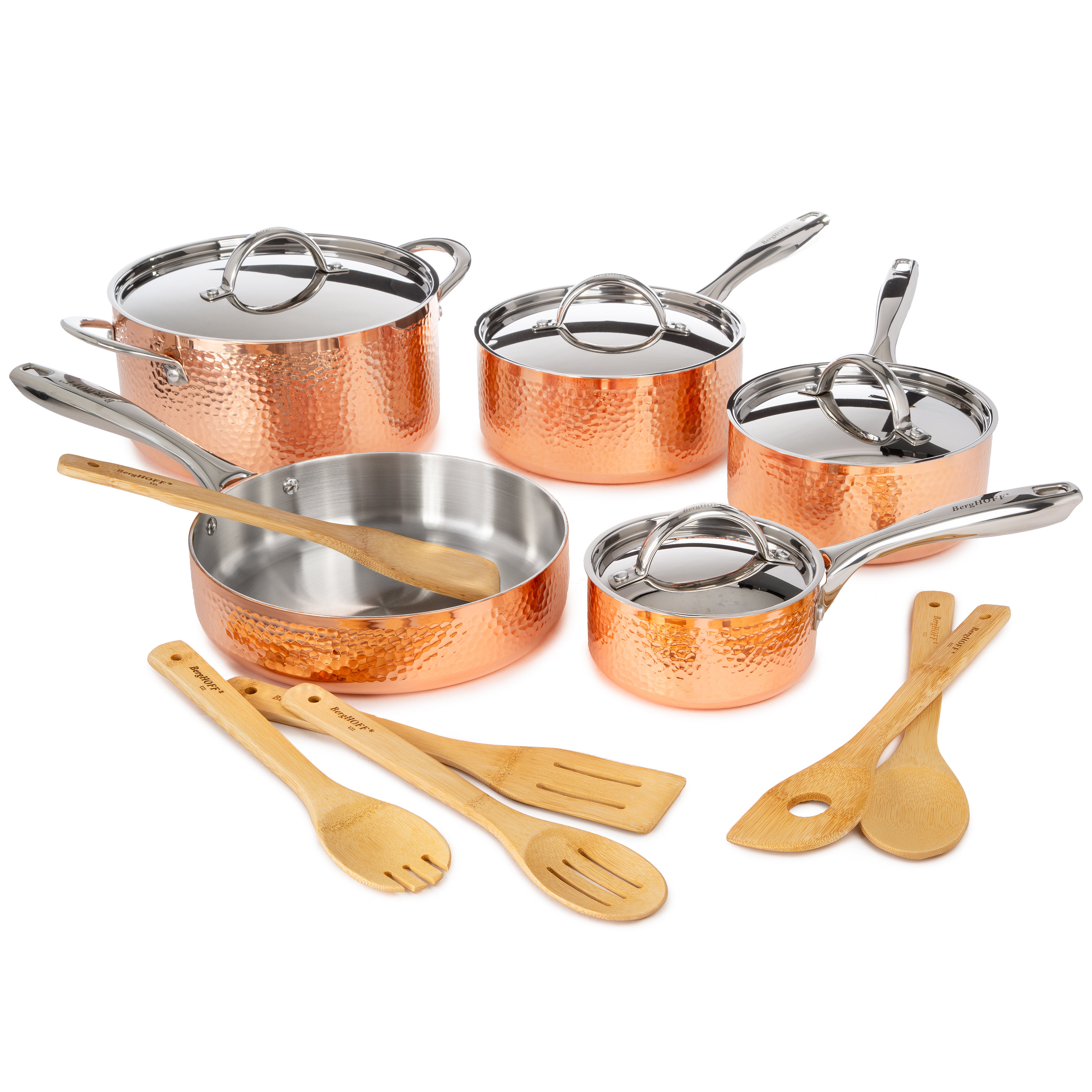 BergHOFF Vintage 15pc Tri-Ply Copper Cookware Set with Lids, Hammered ...