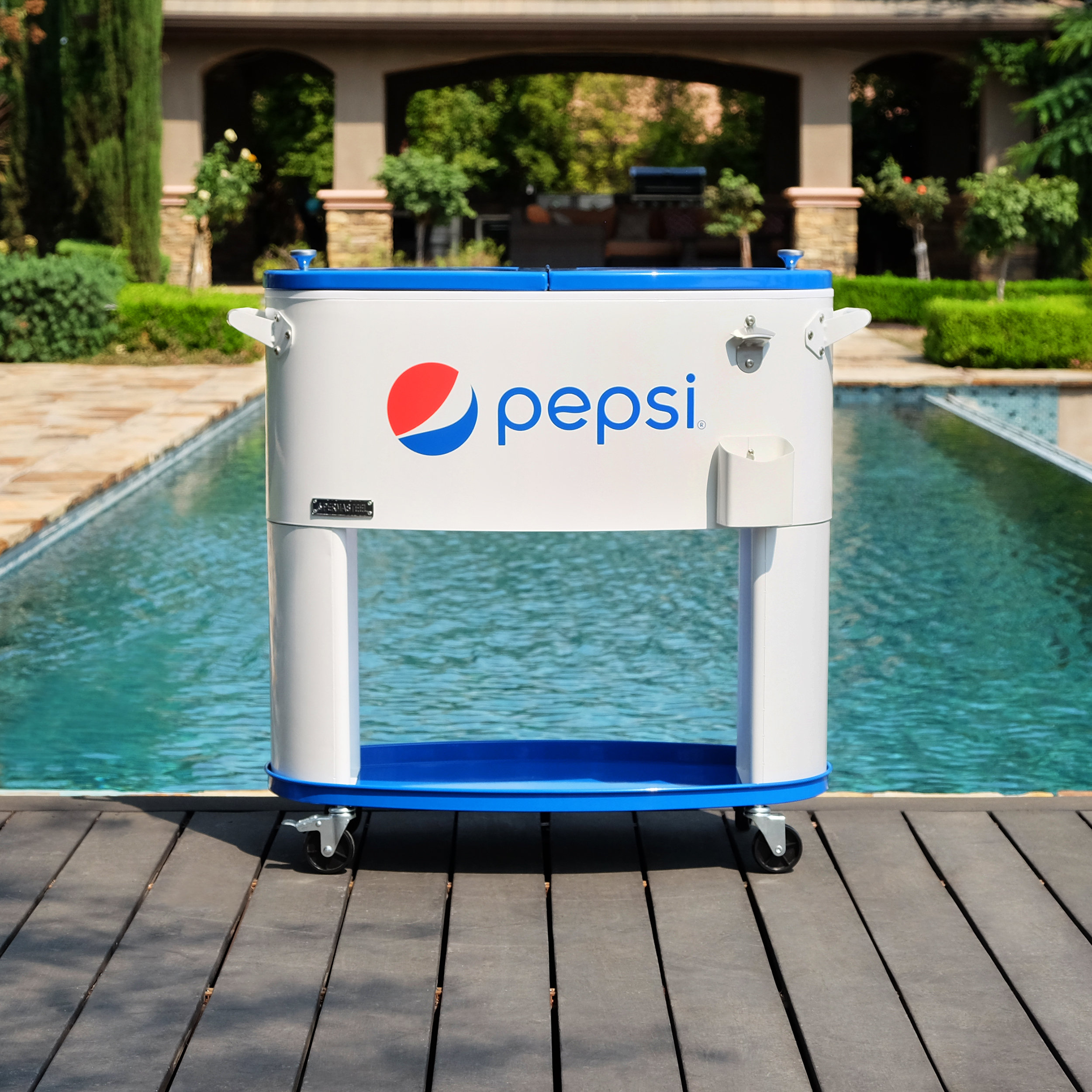 Permasteel Pepsi 80-Qt Outdoor Rolling Patio Cooler on Wheels | Wayfair