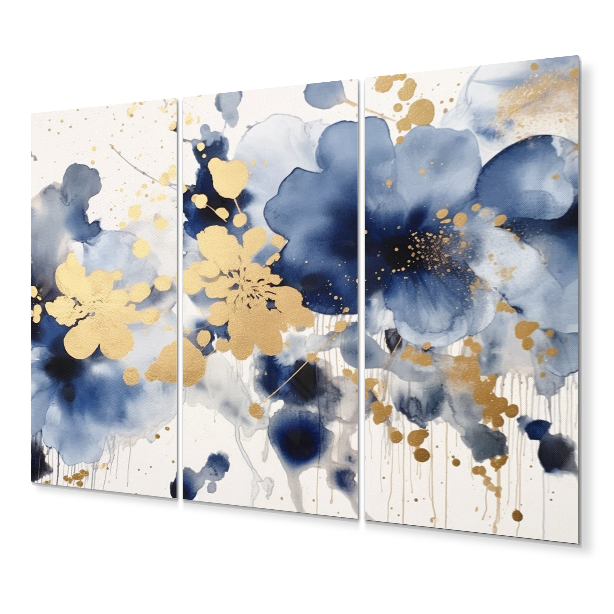 Design Art 3 Blue Gold Lilac Blooms Wall Decor Set Metal | Wayfair