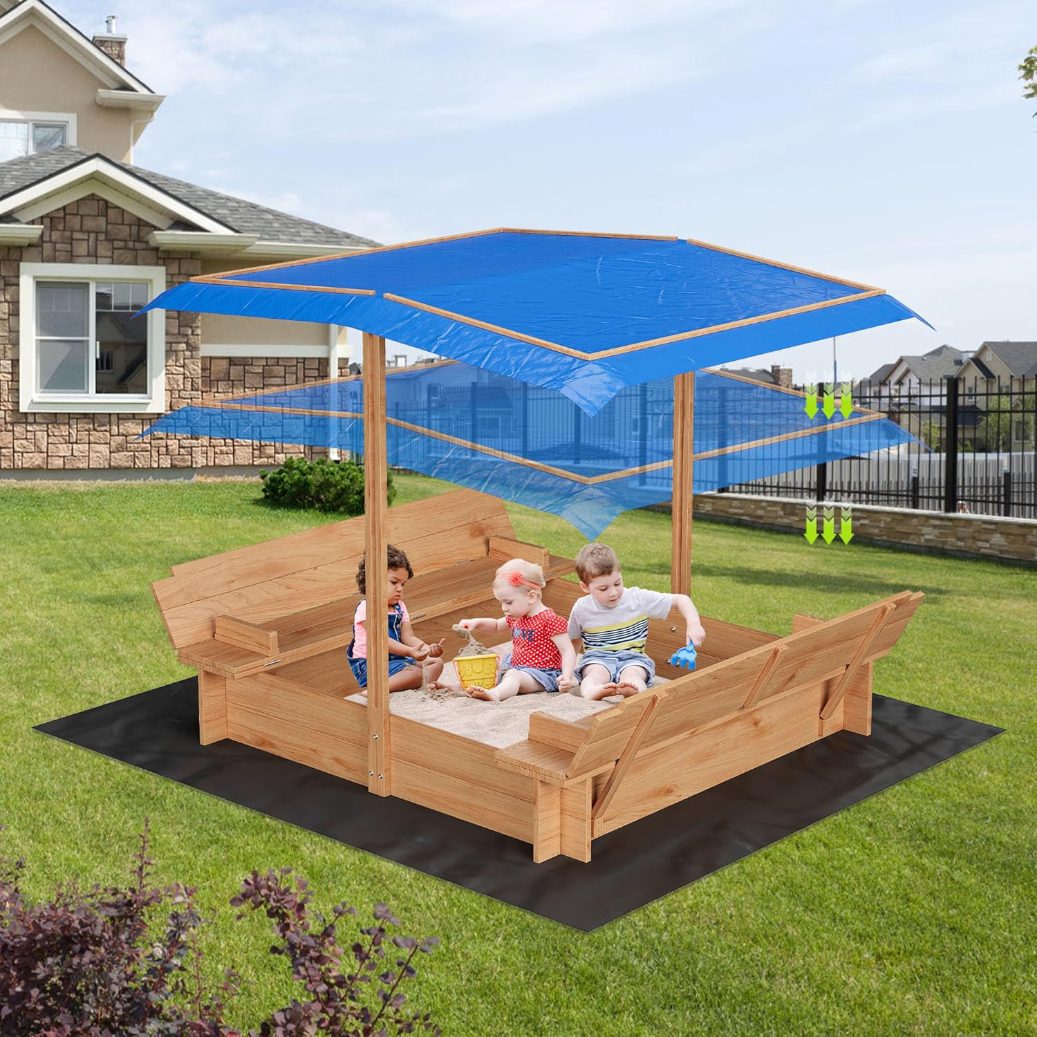 Yesurprise Wooden Sandbox with Lid, Kids Sandbox with Canopy Outdoor ...