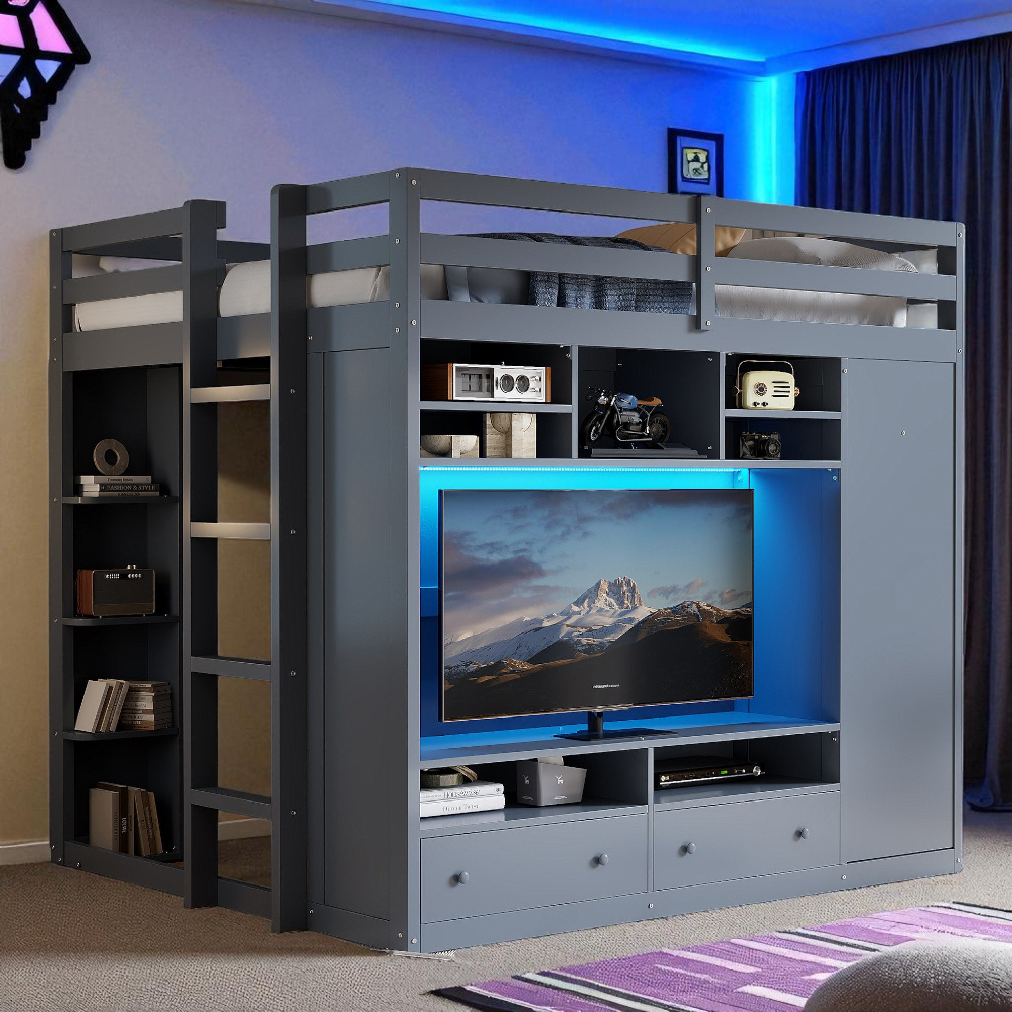 Ivy Bronx Full Size Loft Bed With Built-In Wardrobe And TV Stand | Wayfair