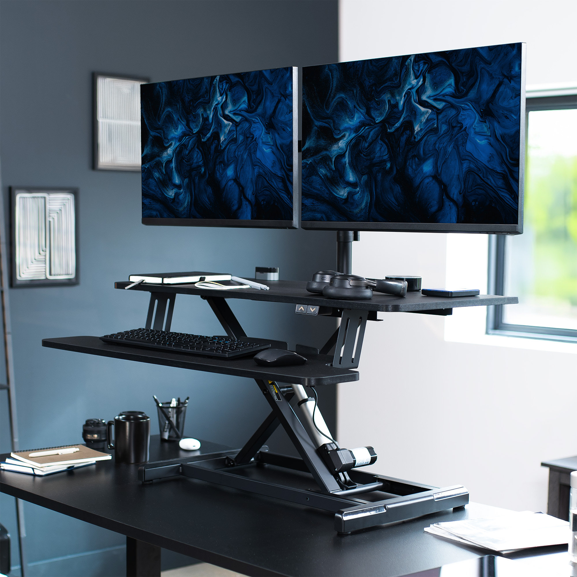 Vivo Black 36" Electric Desk Riser With Dual Monitor Arm For Up To 30 ...