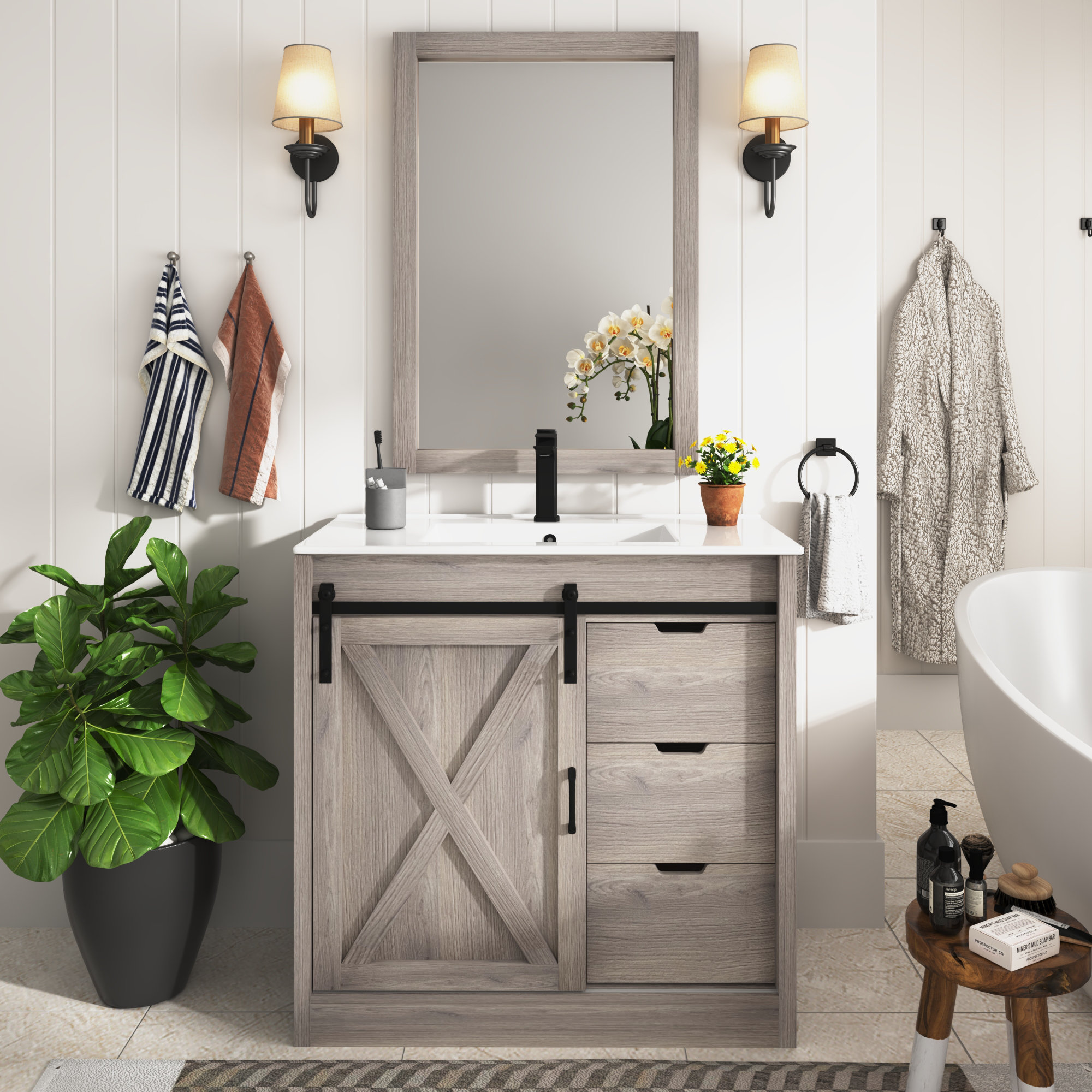 Gracie Oaks Bathroom Vanity With Sink, Faucet, Mirror, Sliding Barn ...