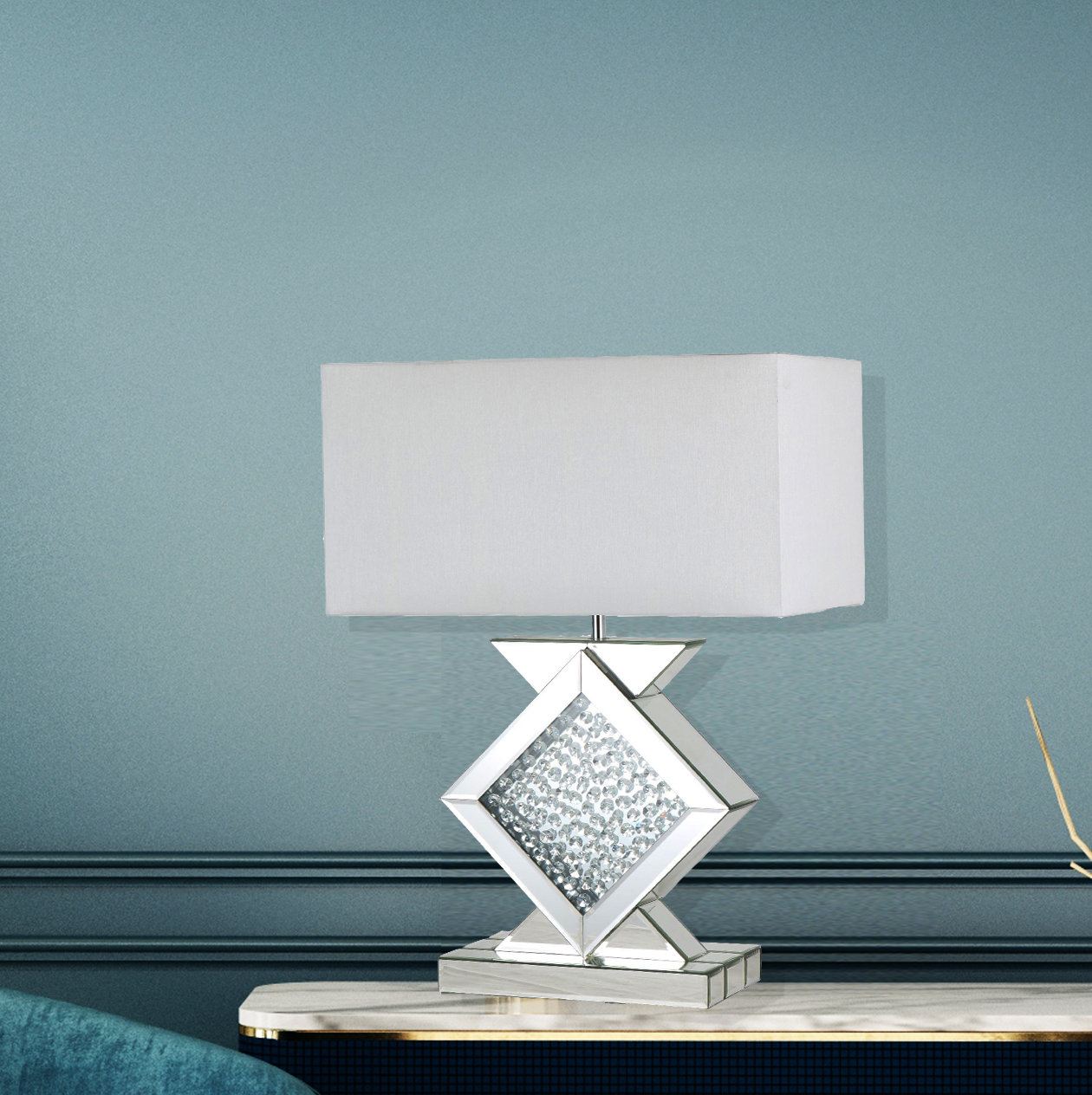 Mercer41 Glamorous Mirror Table Lamp With Floating Crystal Decor Centre ...