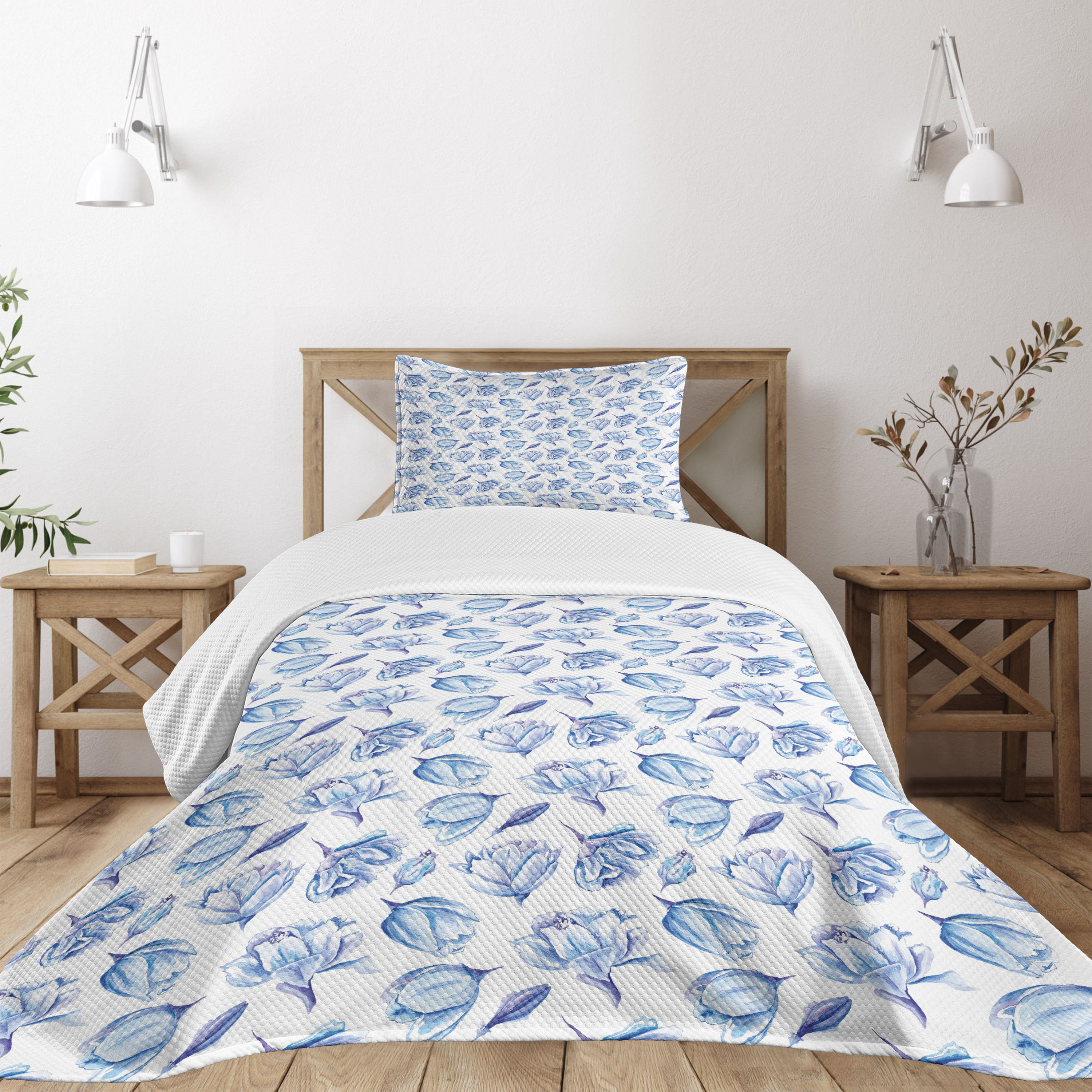 Ambesonne Spring Bedspread Set Watercolor Roses Buds Pale Blue and ...