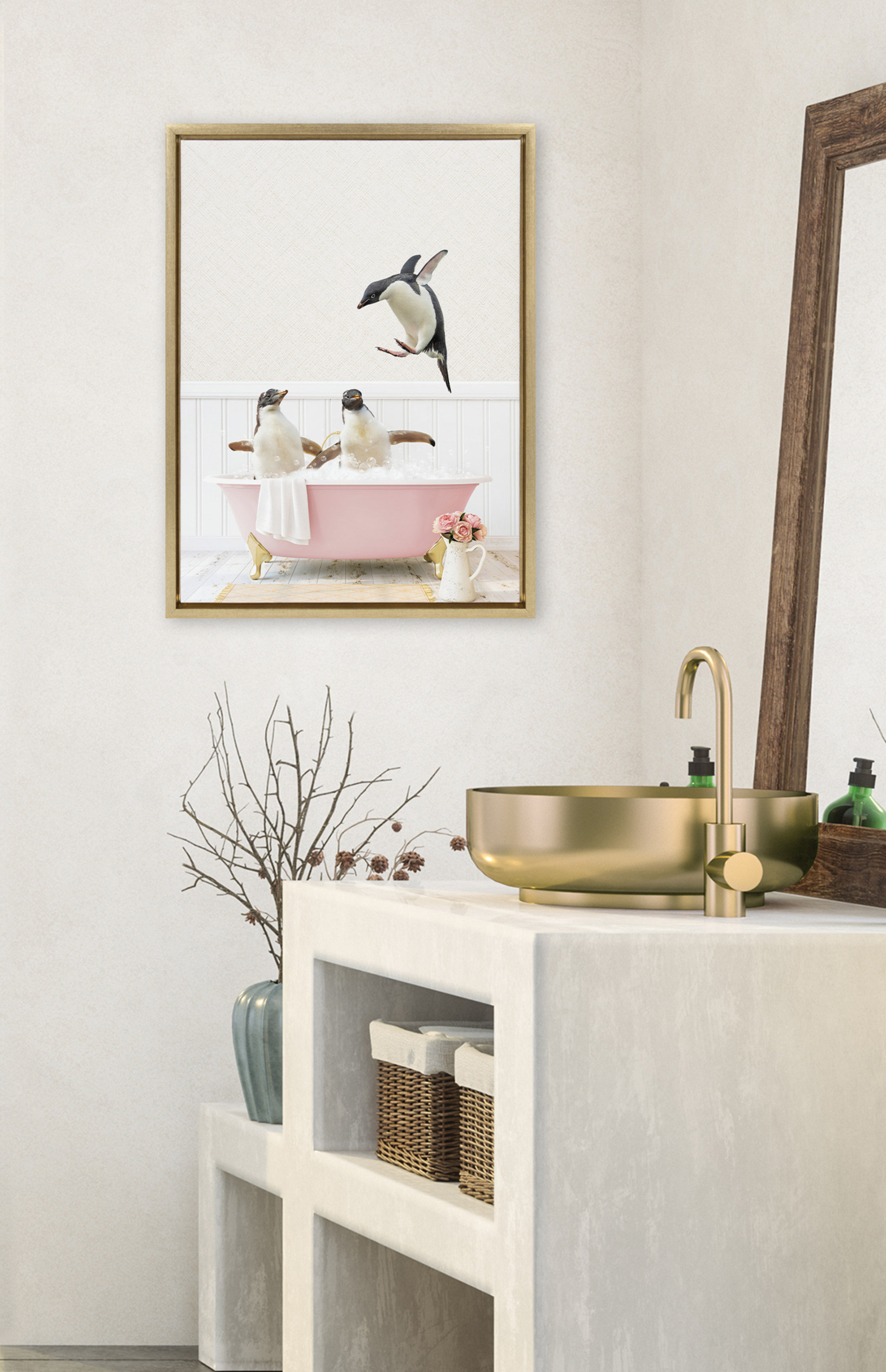 Trinx Penguins Playing in Cottage Rose Bath Framed Canvas by Amy ...