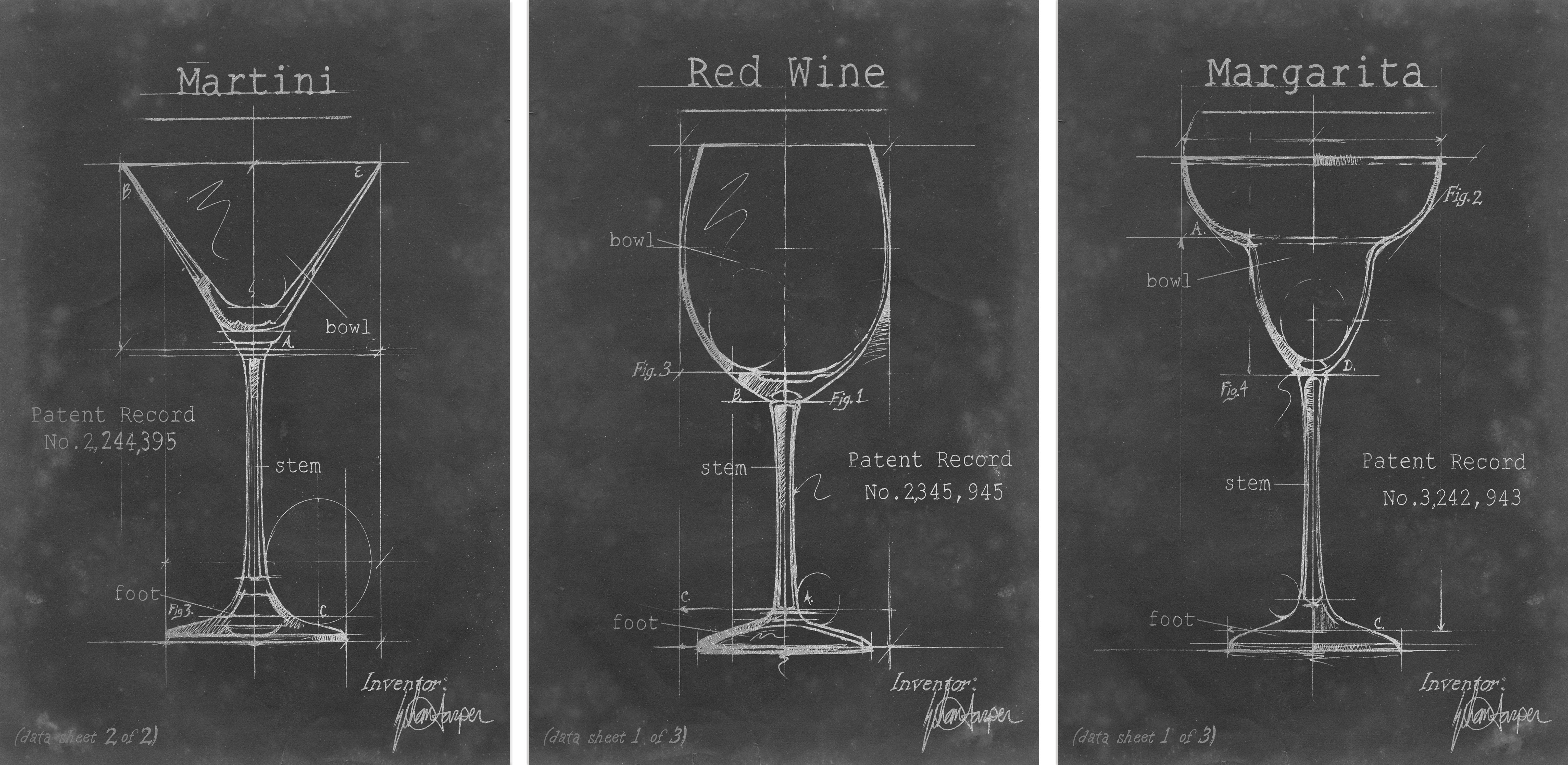 Williston Forge 'Barware Blueprint X Triptych' 3 Piece Drawing Print ...