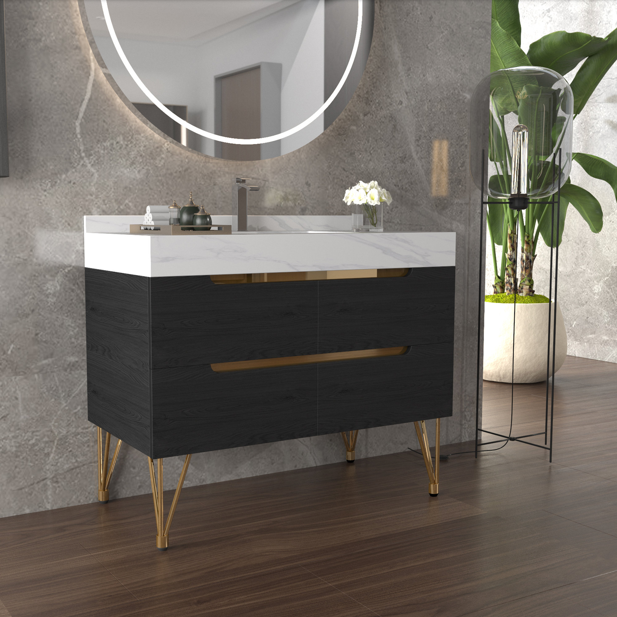 Mercer41 Lerone 39" Modern White Sintered Stone Top Freestanding ...