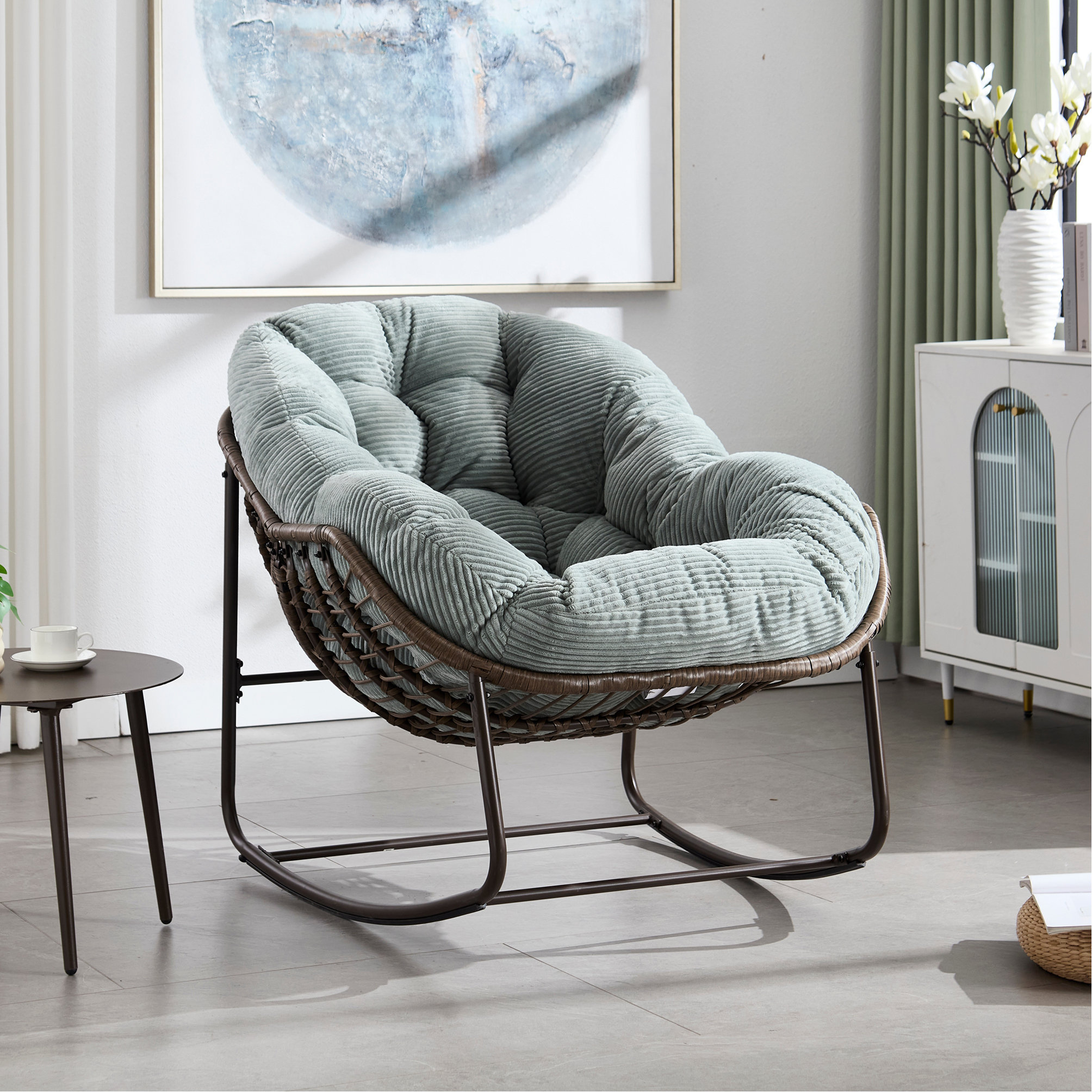 Latitude Run® Outdoor Rattan Rocking Chair, Padded Cushion Rocker ...