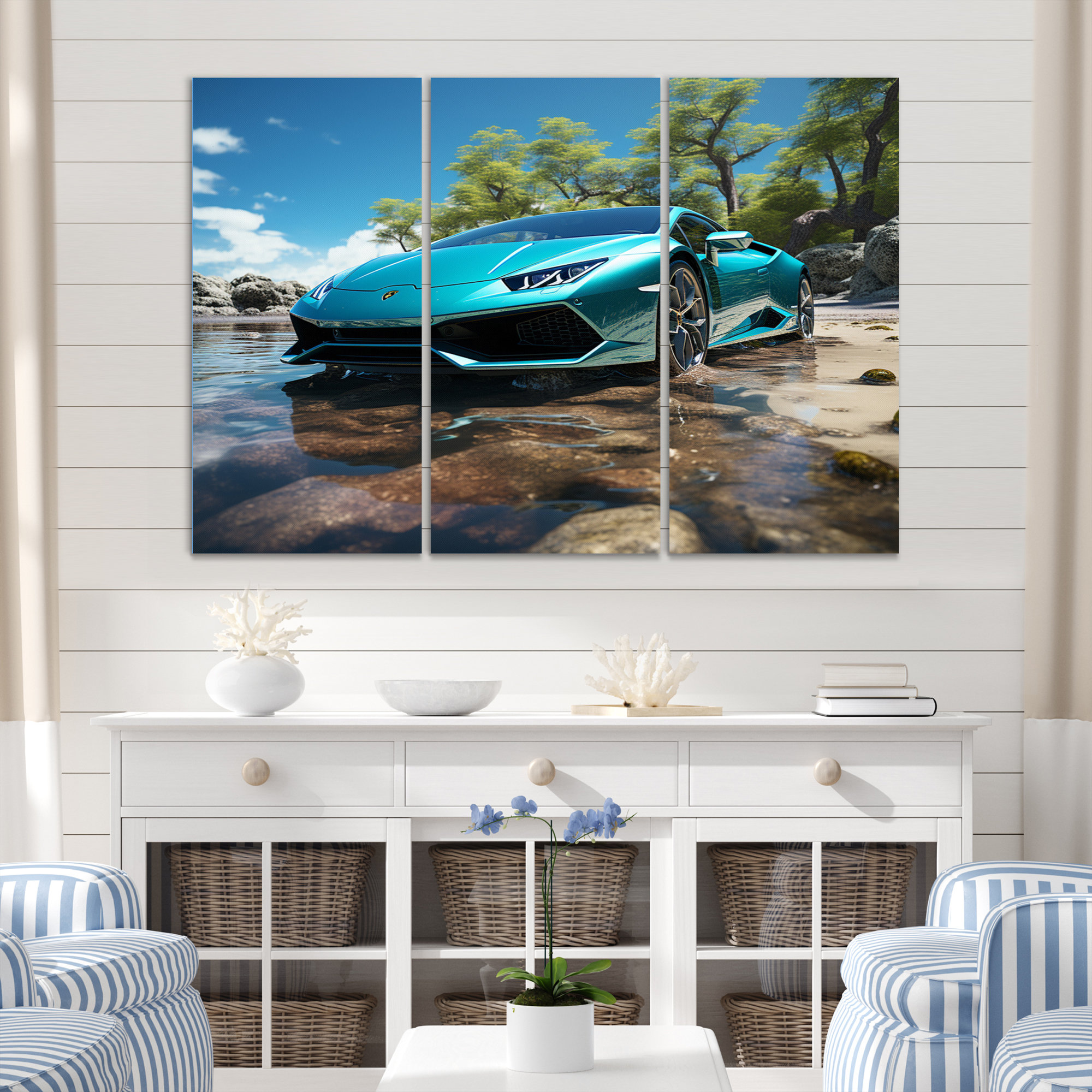 Ebern Designs Turquoise Car By The Beach On Canvas 3 Pieces Print | Wayfair