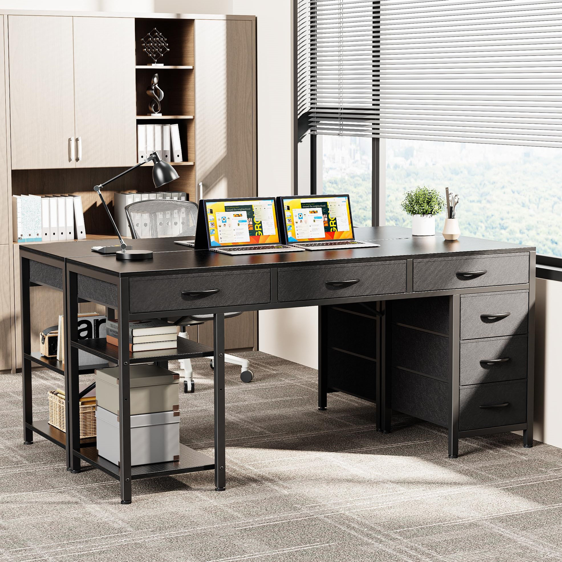 QUDOBI 54 Inch Office Desk with 6 Drawers and Shelves, Reversible ...