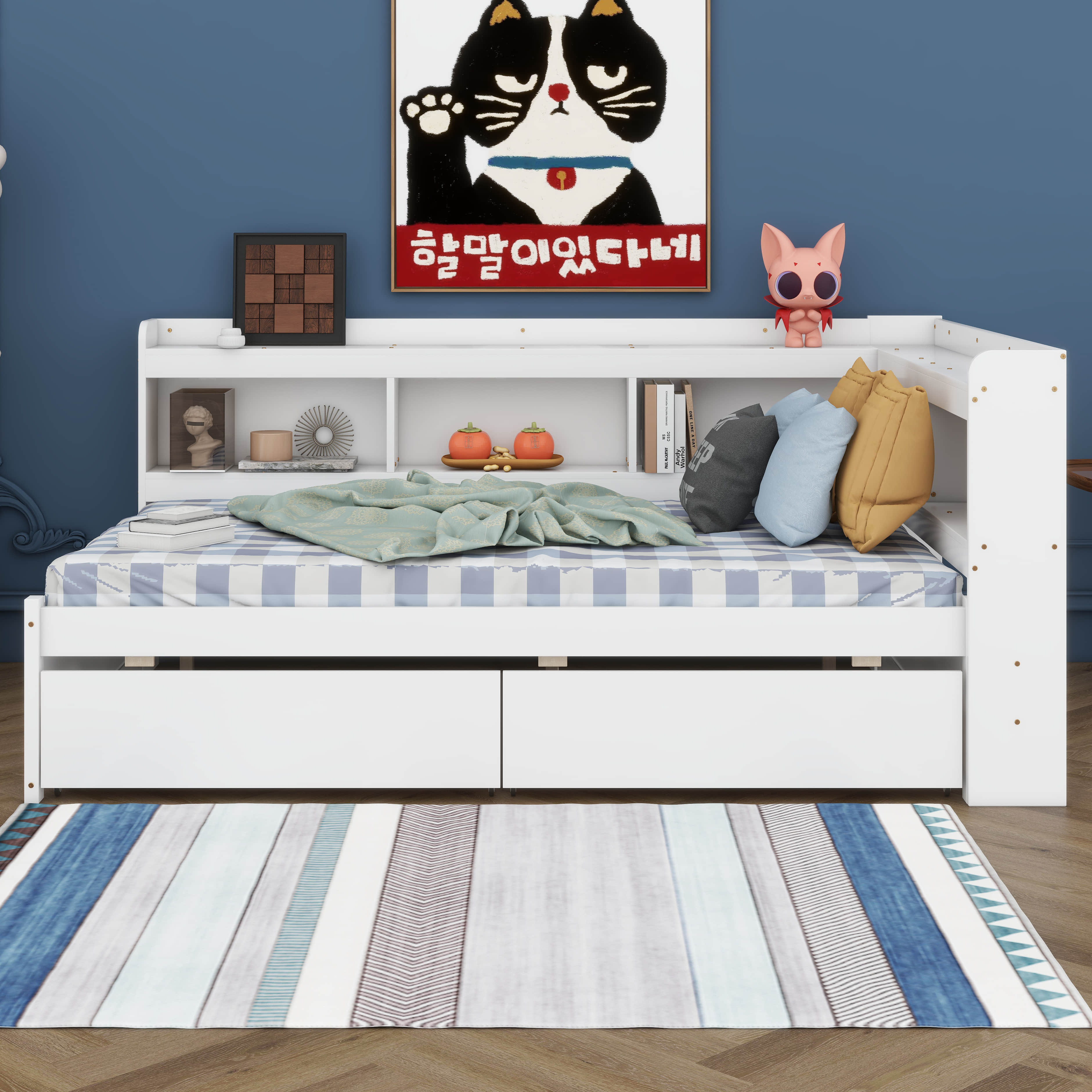 Latitude Run® Bed With Storage Drawers And L-Shaped Bookcases, Wood ...