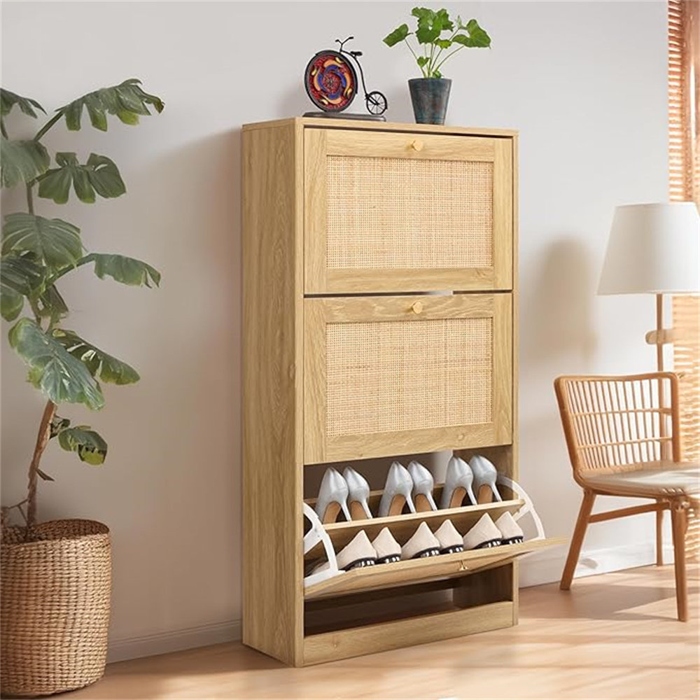 Bay Isle Home™ 3 Tier Shoe Cabinet With Natural Rattan Flip Drawers For ...