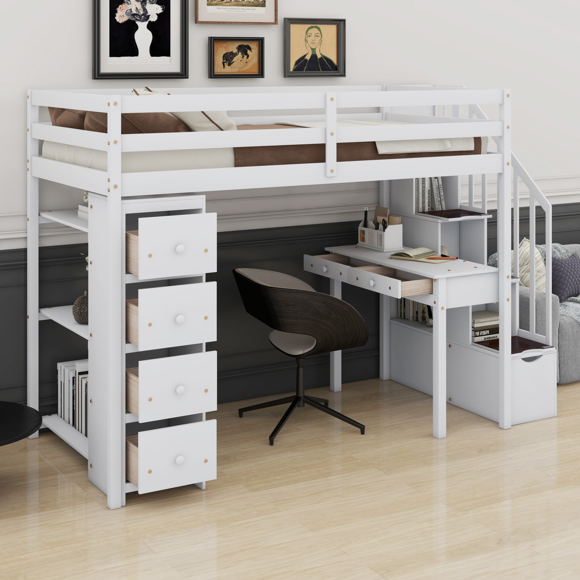 Corrigan Studio® Loft Bed With Storage Drawers ,Desk And Stairs, Wooden ...