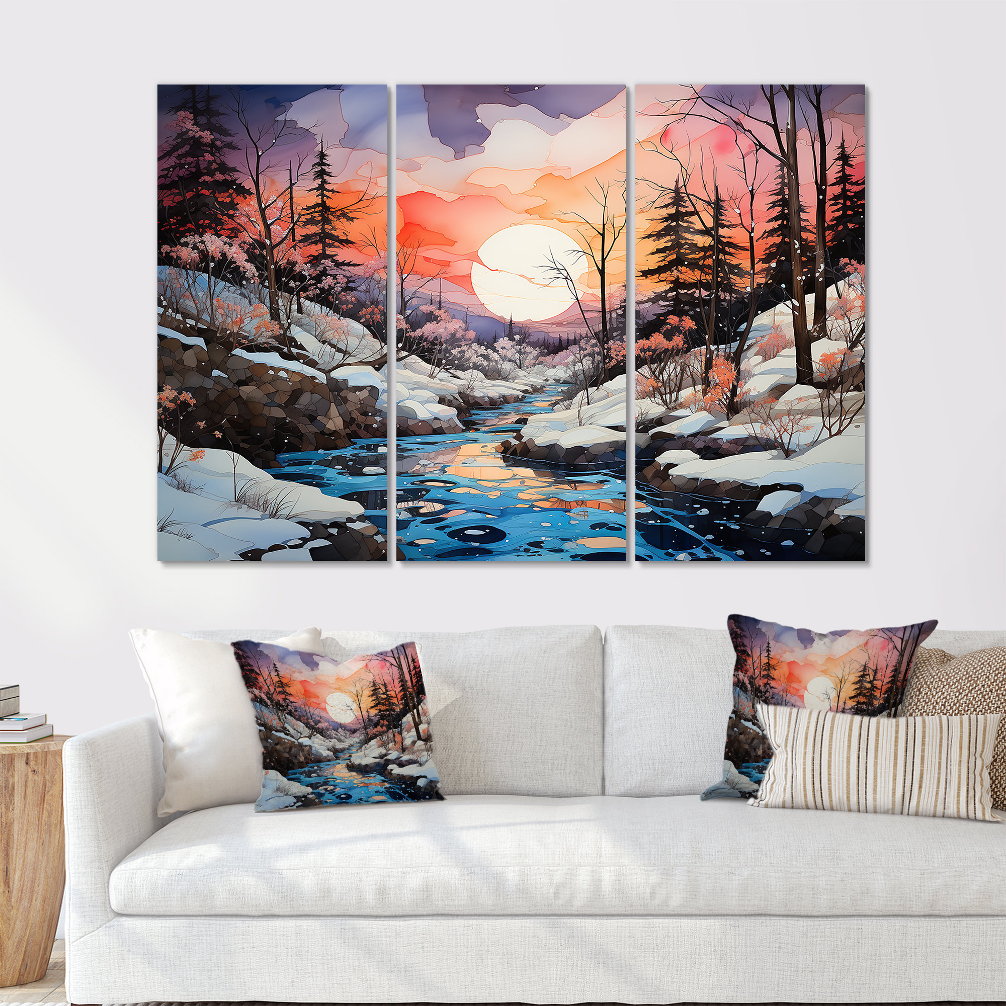 Millwood Pines Winter Snow Sunrise By The River - Snow Wall Art Set ...