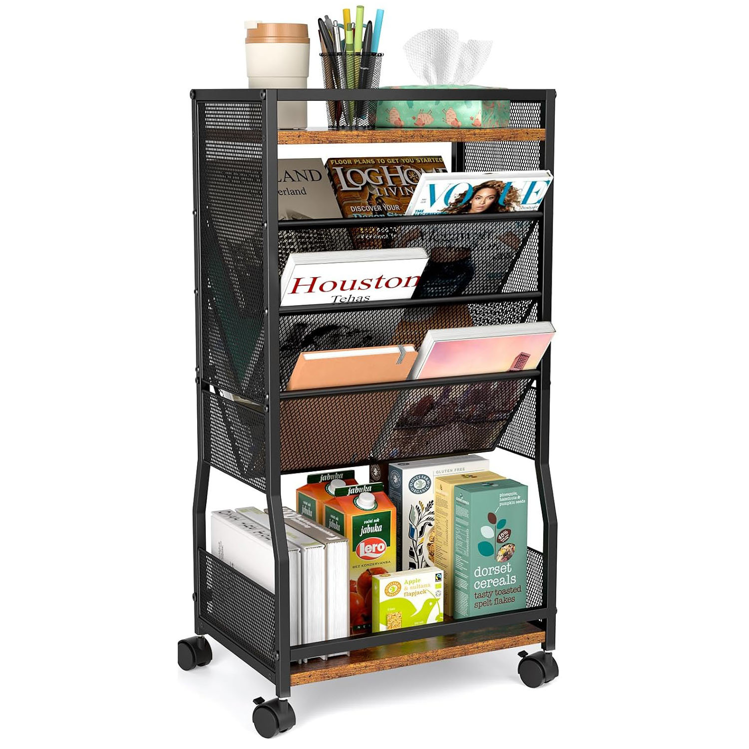 TIFONE 8-Tier Mobile Book Cart with Double-Sided Access, Slim Rolling ...