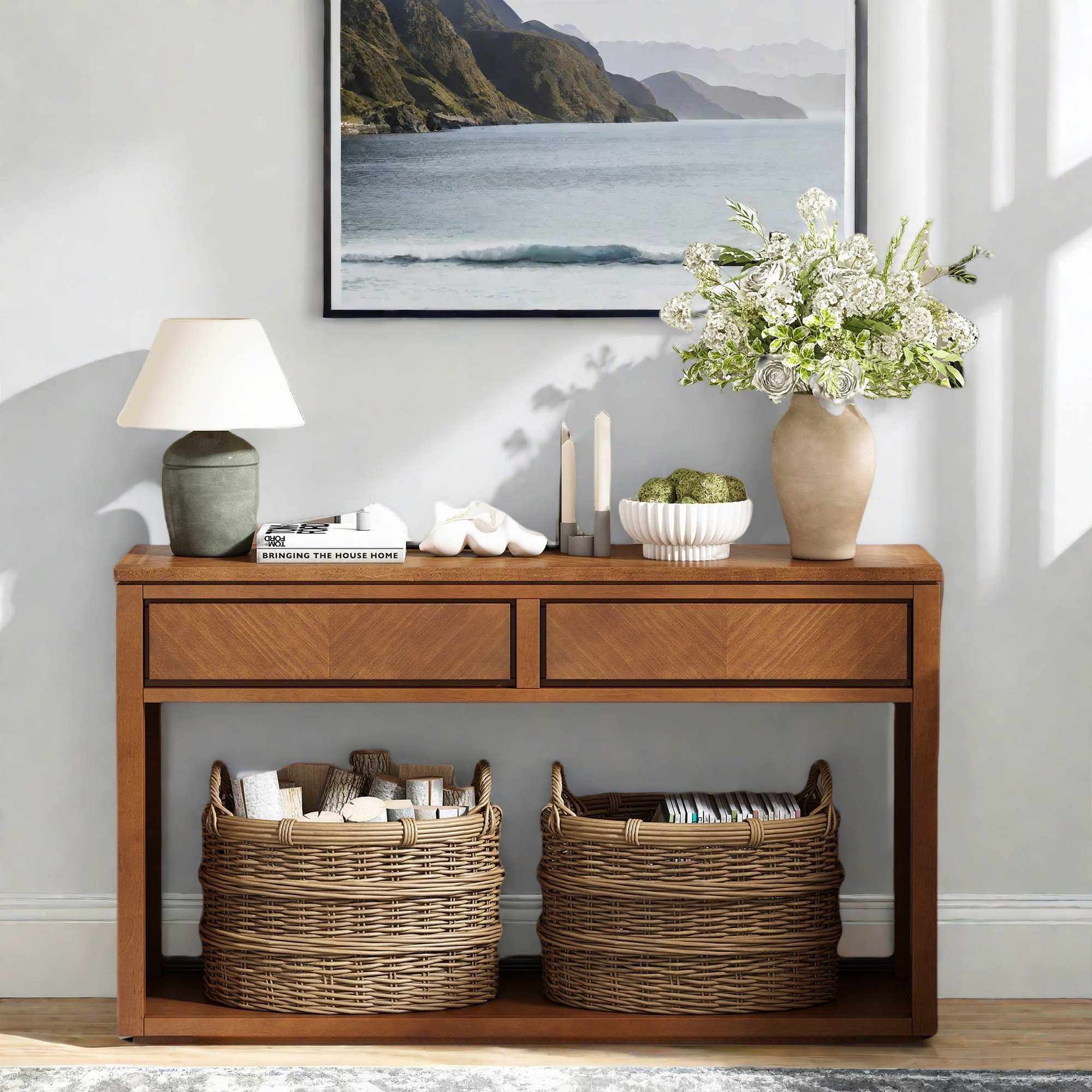 Gracie Oaks Rustic Wooden Console Table With 2 Drawers, Open Shelf And ...