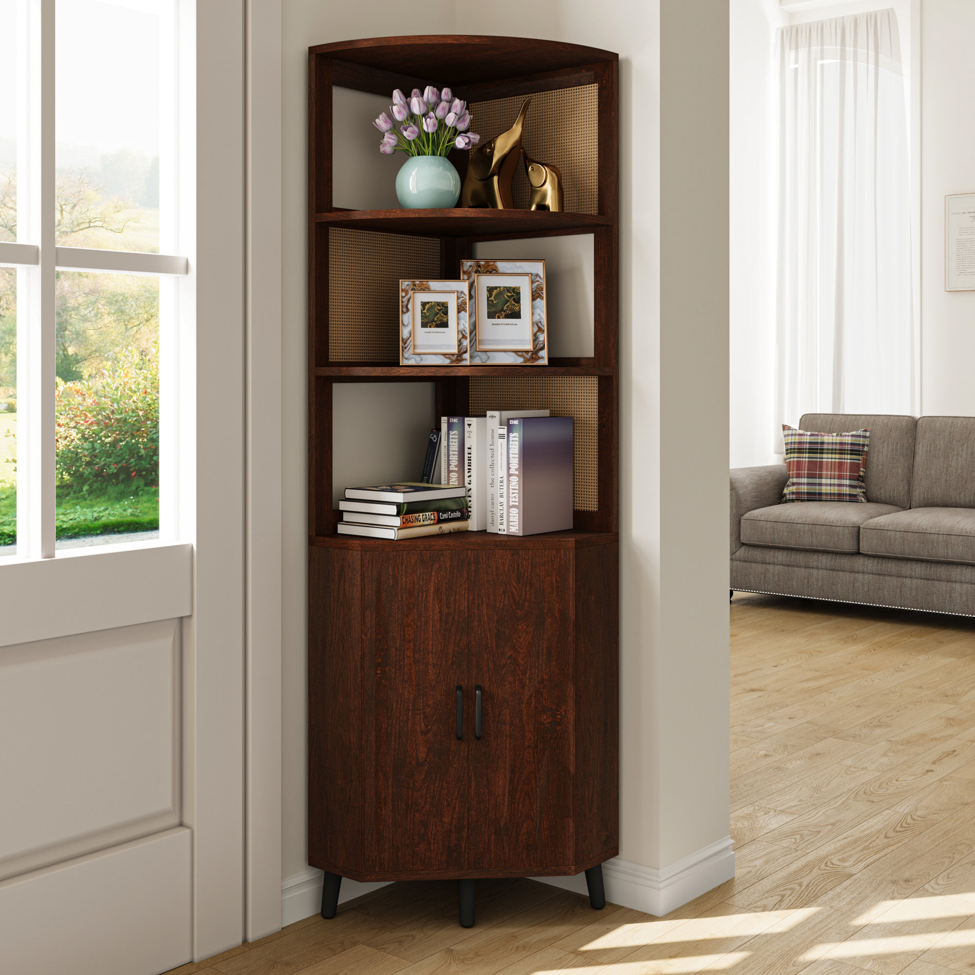 Lark Manor™ 69.7’’H X 17.7’’ W Rattan And Wood Fan-Shaped Storage ...