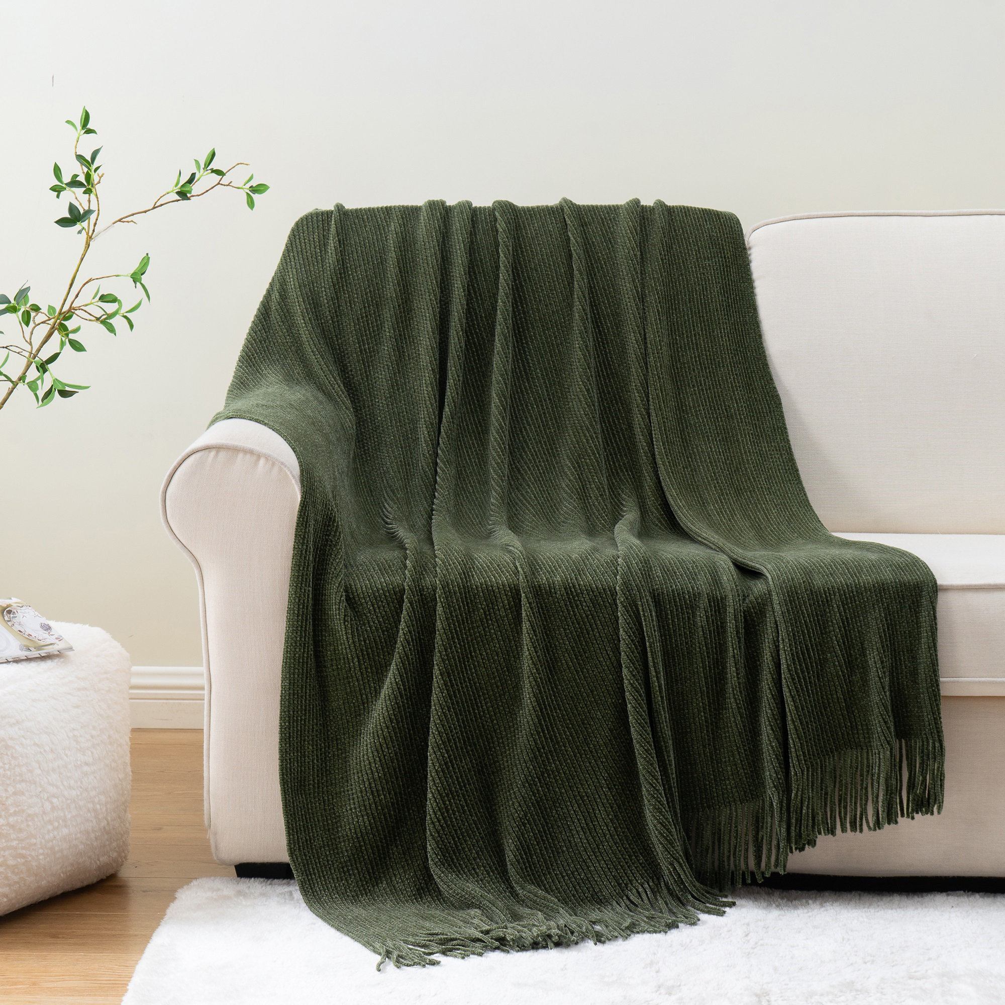 Battilo Home Olive Green Throw Blanket for Couch, Soft Chenille Knit ...