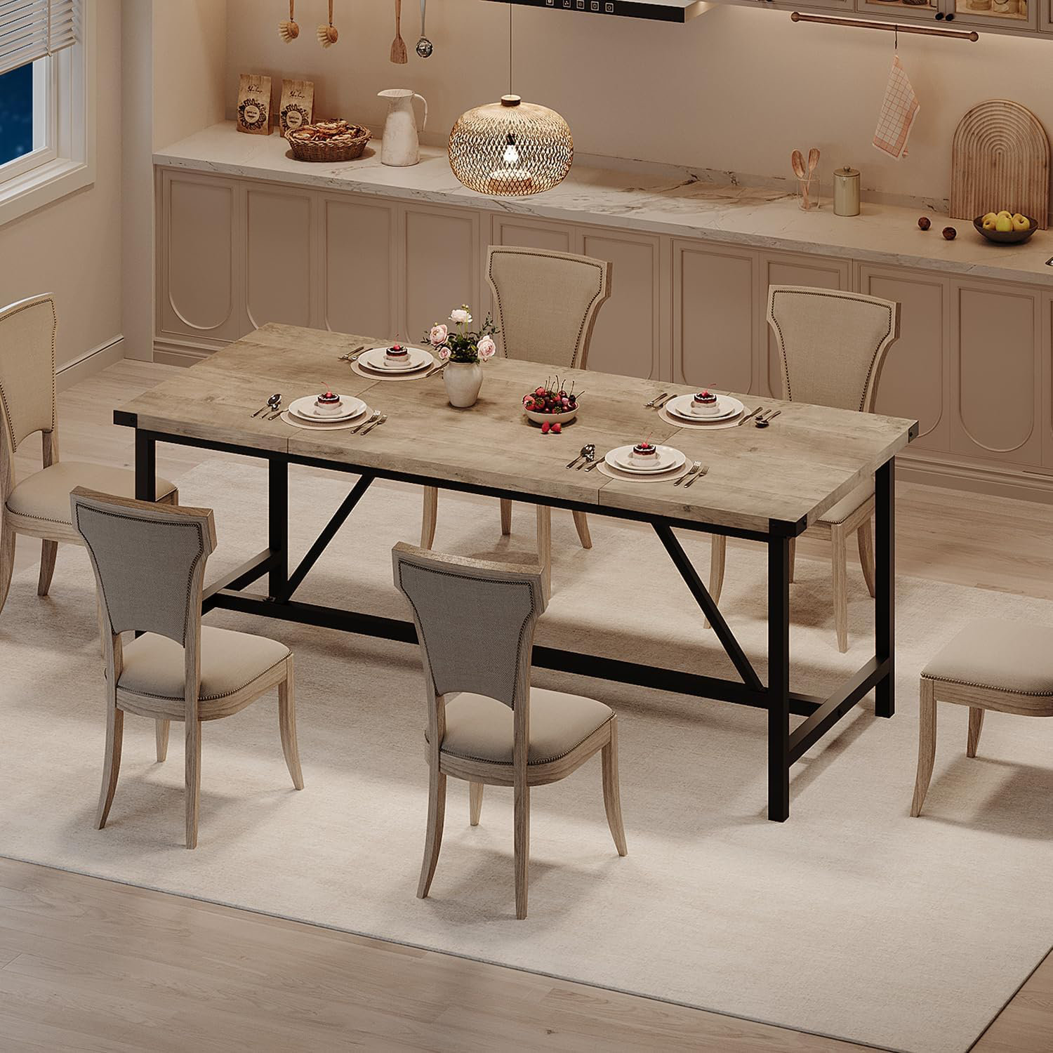 17 Stories Large Farmhouse Dining Table, Wooden Rectangle Kitchen Table ...