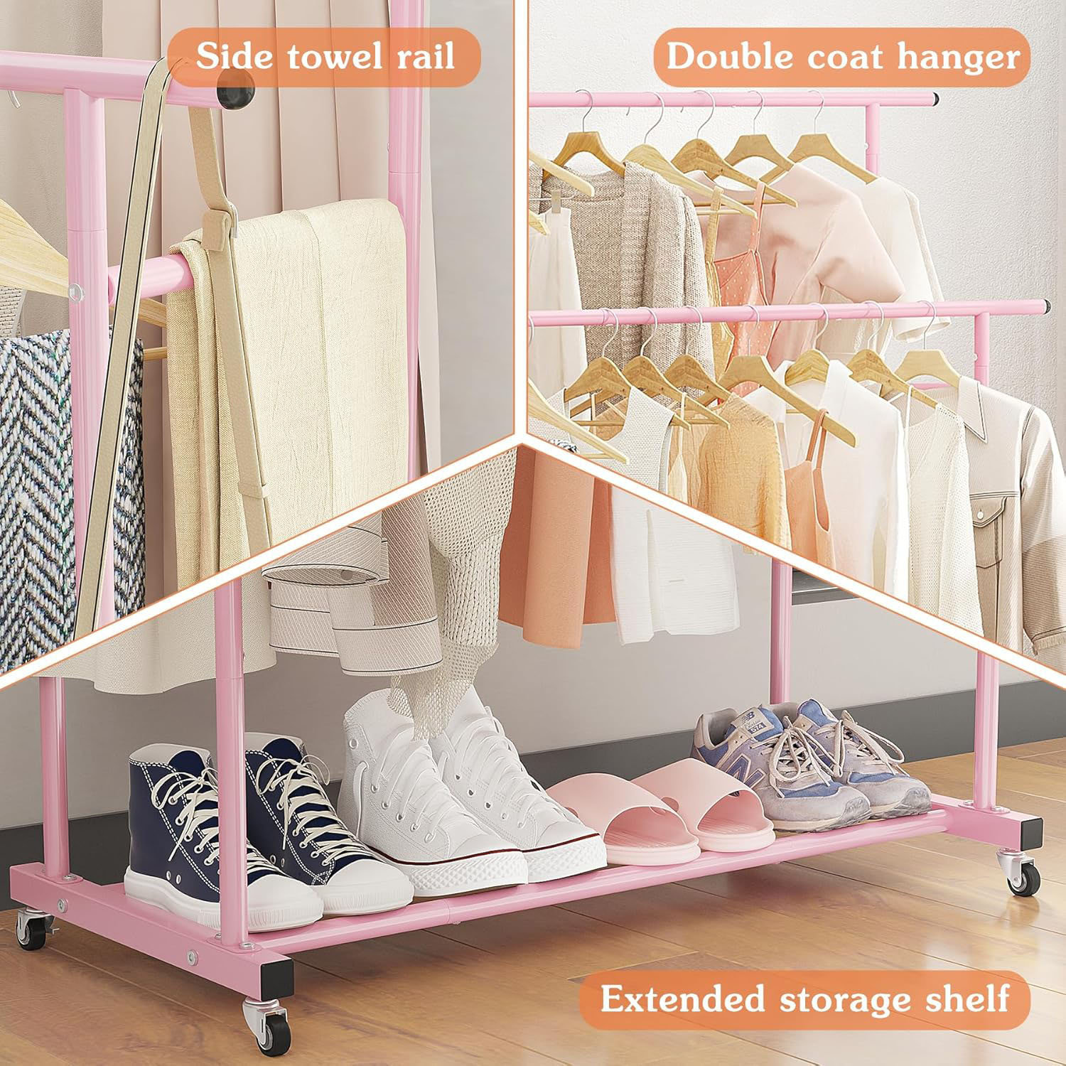 Rebrilliant Calmootey Double Rod Clothing Garment Rack,Rolling Hanging ...