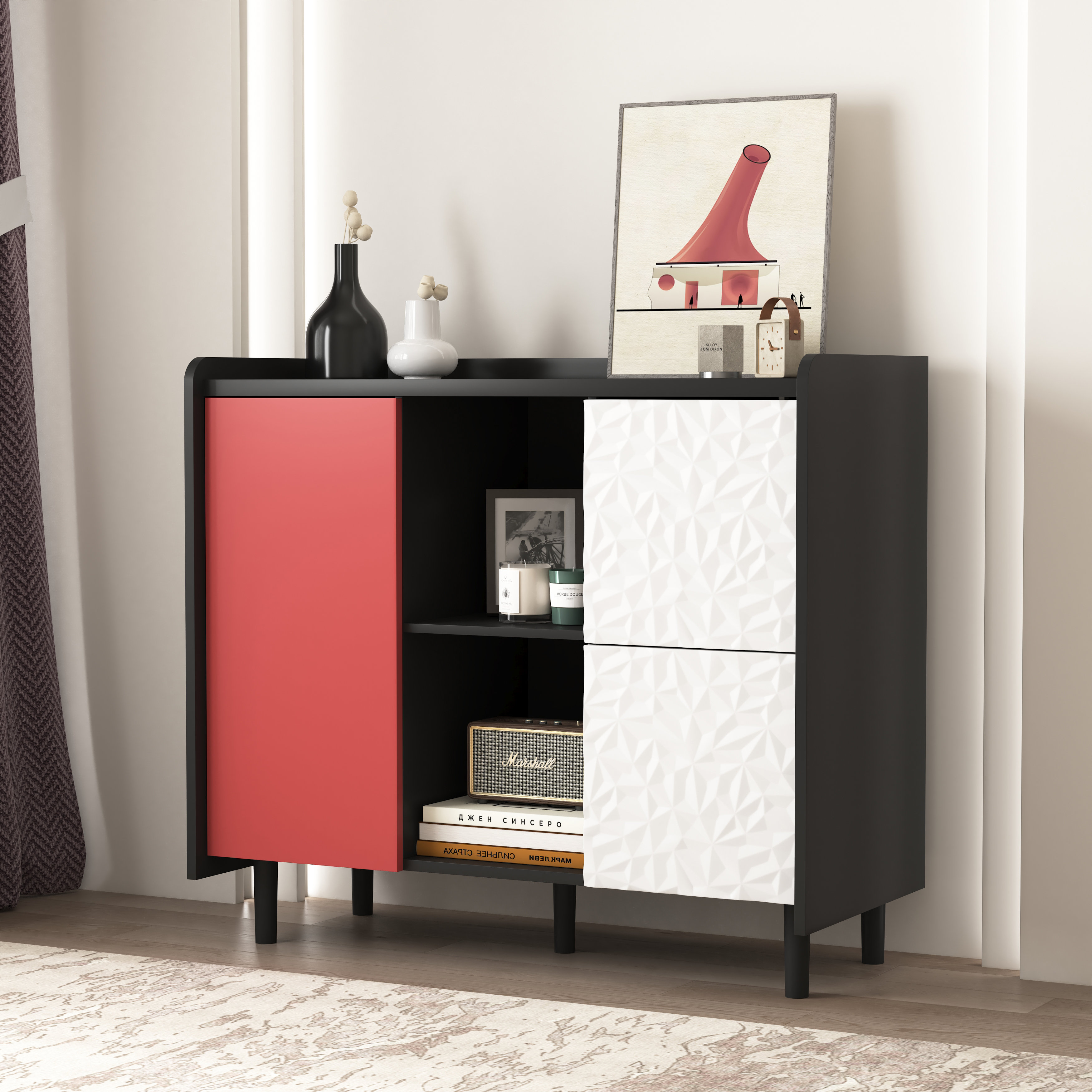 Dakota Fields Sideboard Buffet Cabinet Storage Cabinet With Red Doors ...