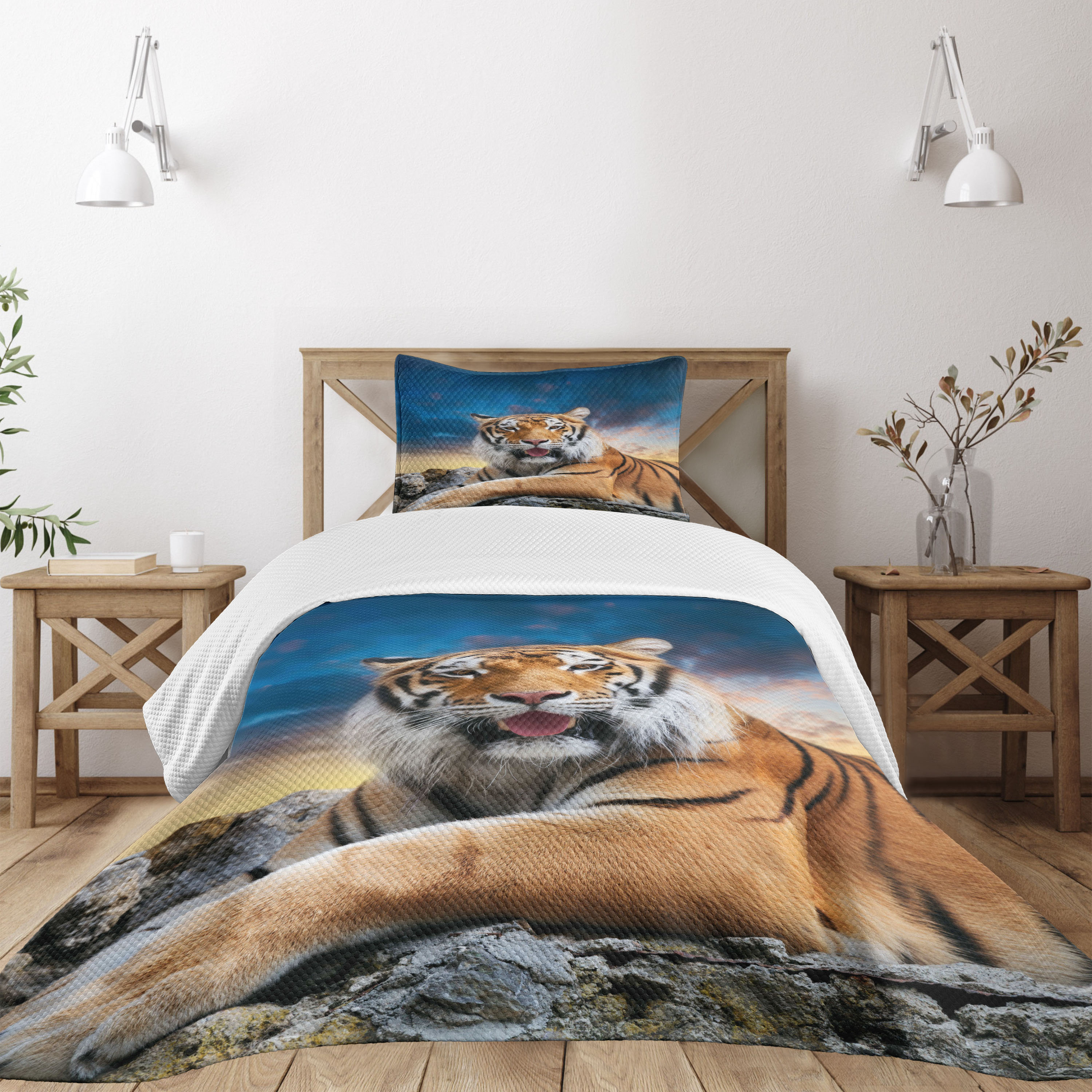 Ambesonne Tiger Bedspread Set Calm Wild Animal Sunset Multicolor | Wayfair