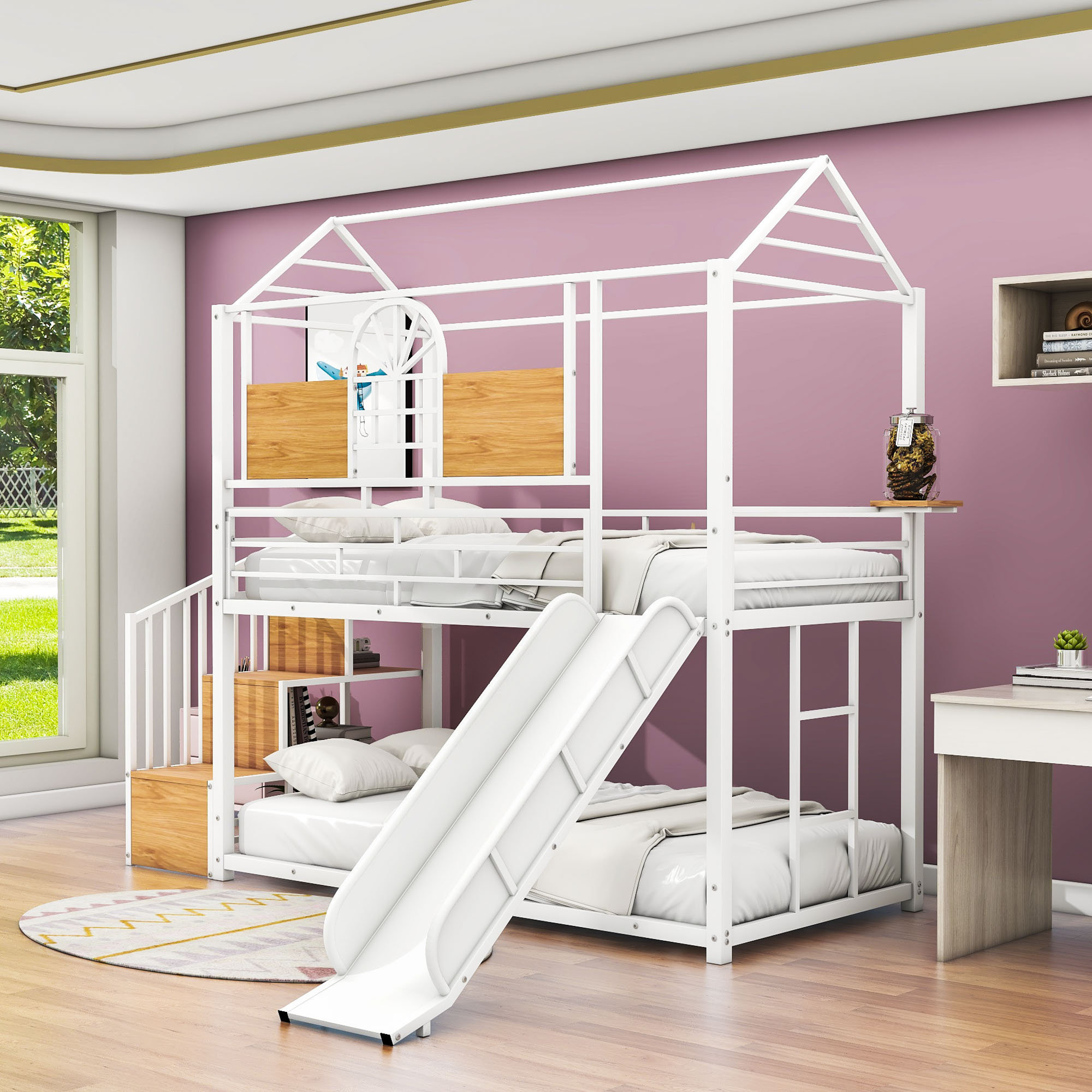 Harper Orchard Batcheller Twin Over Twin Metal Bunk Bed With Slide And ...