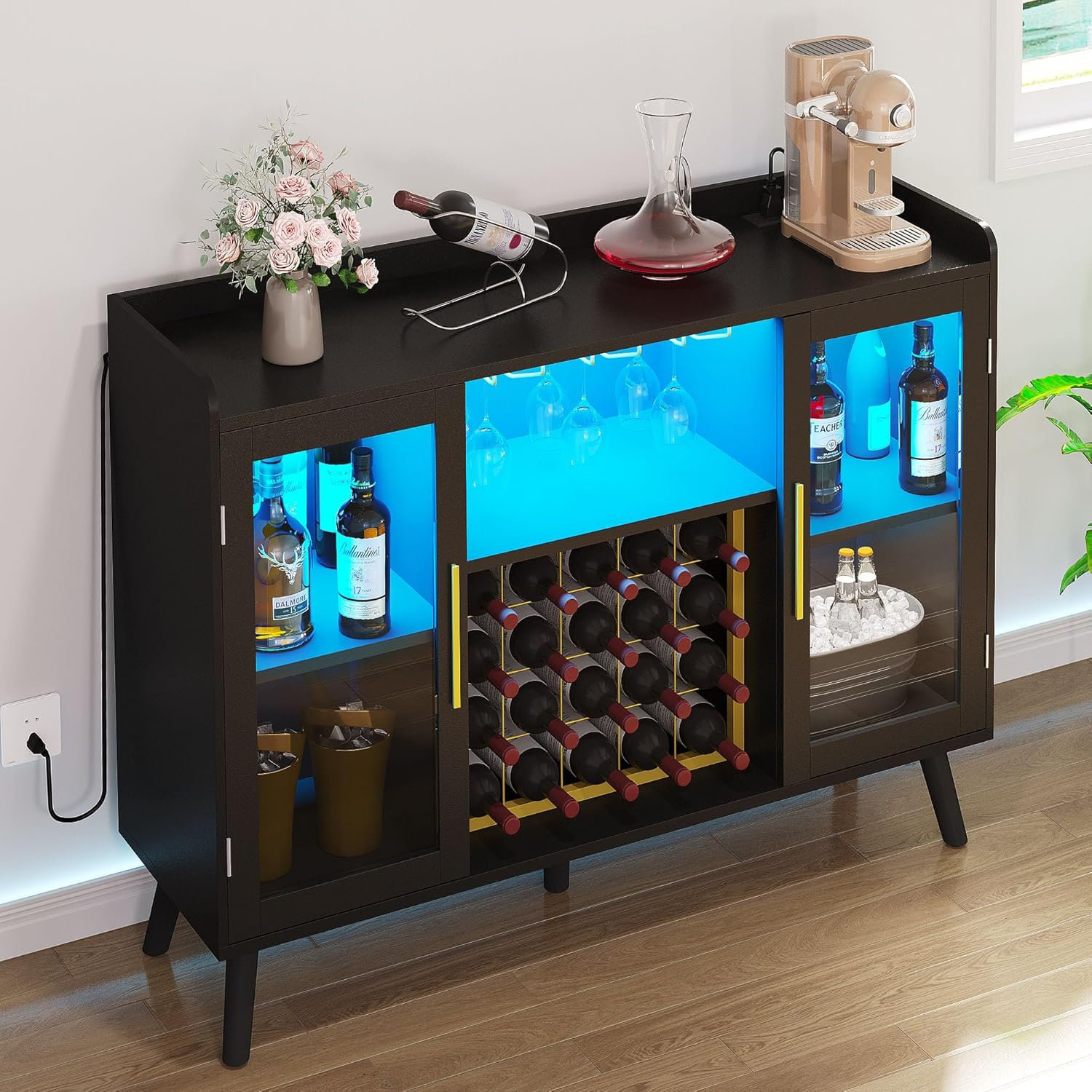 Wrought Studio™ Modern Black 53" Wine Bar Cabinet with LED Lights ...
