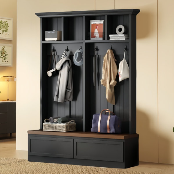 Red Barrel Studio® 4-In-1 Hall Tree With Wood Grain Bench, Mudroom ...