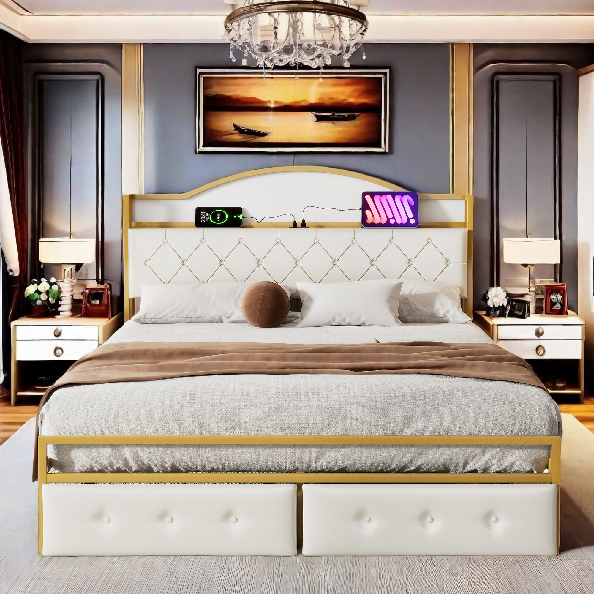 House of Hampton® Adaiah Metal Platform Bed with 2 Drawers, Upholstery ...