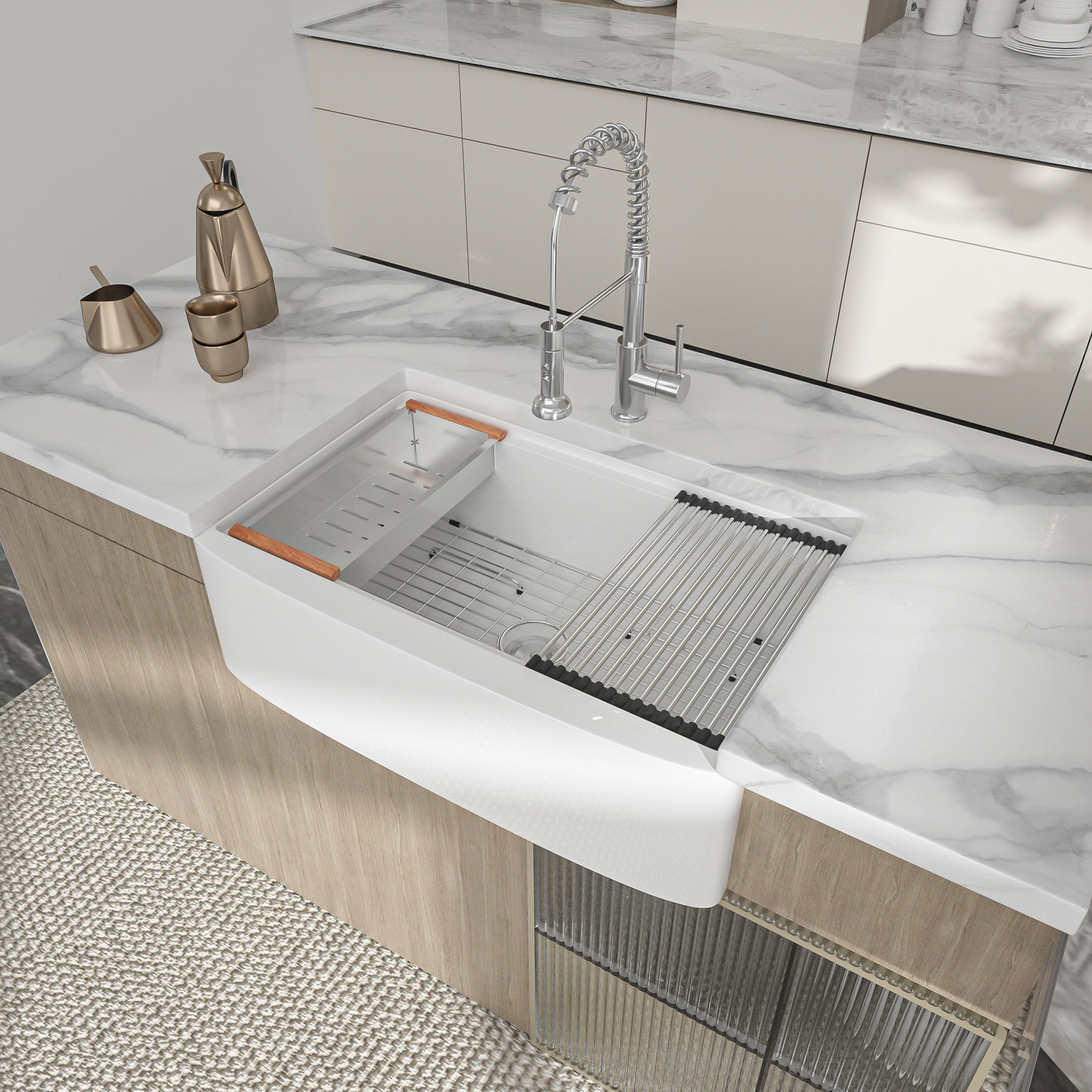 Logmey 33'' L x 21" W Farmhouse Kitchen Sink Workstation Sink White ...