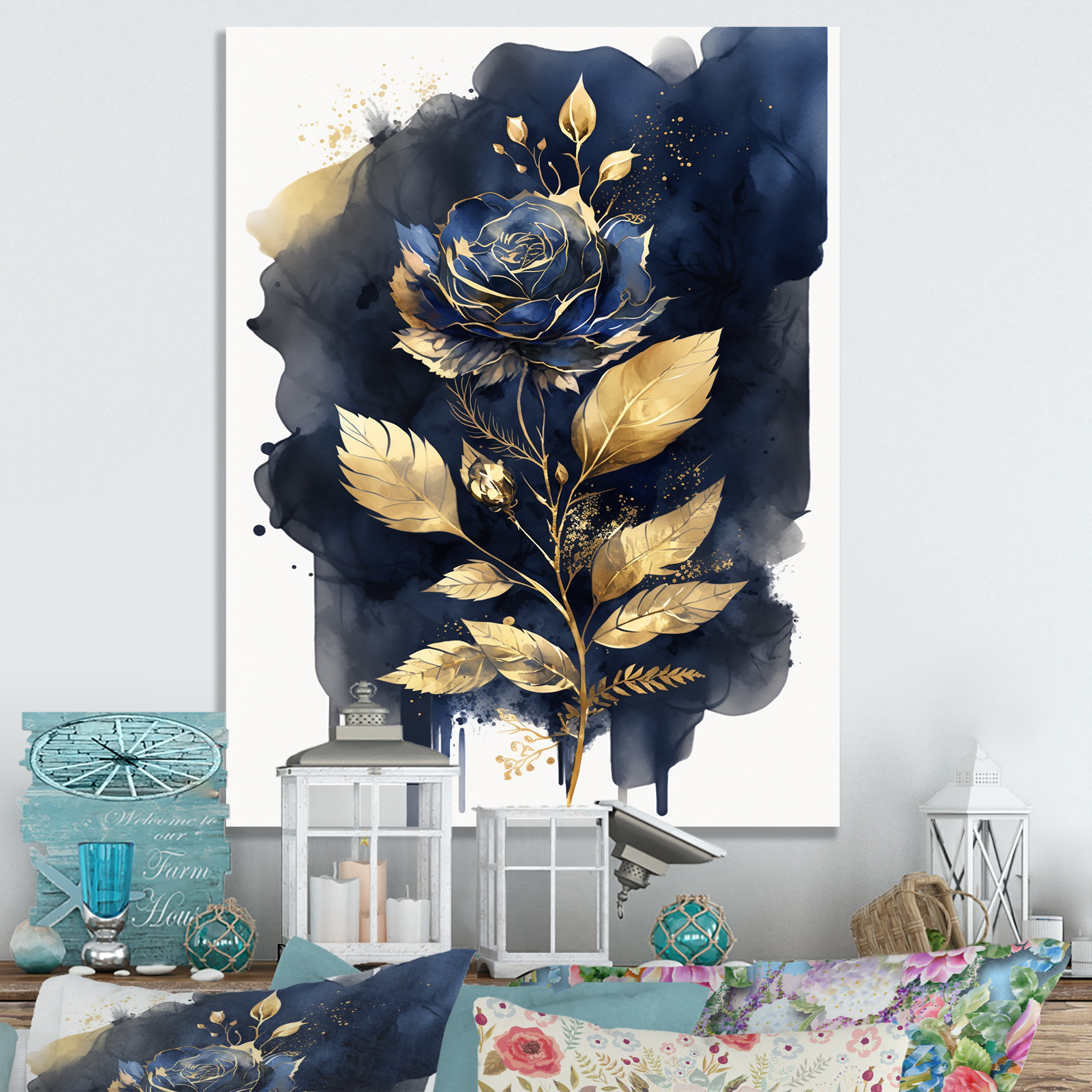 House of Hampton® Blue and Gold Painted Rose on White III - Print on ...