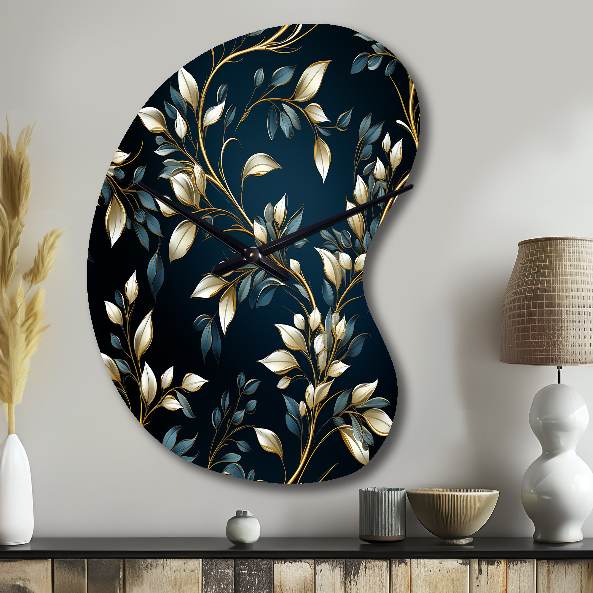 Design Art Gold And Blue Royal Botanical Vines - Floral Asymmetrical ...