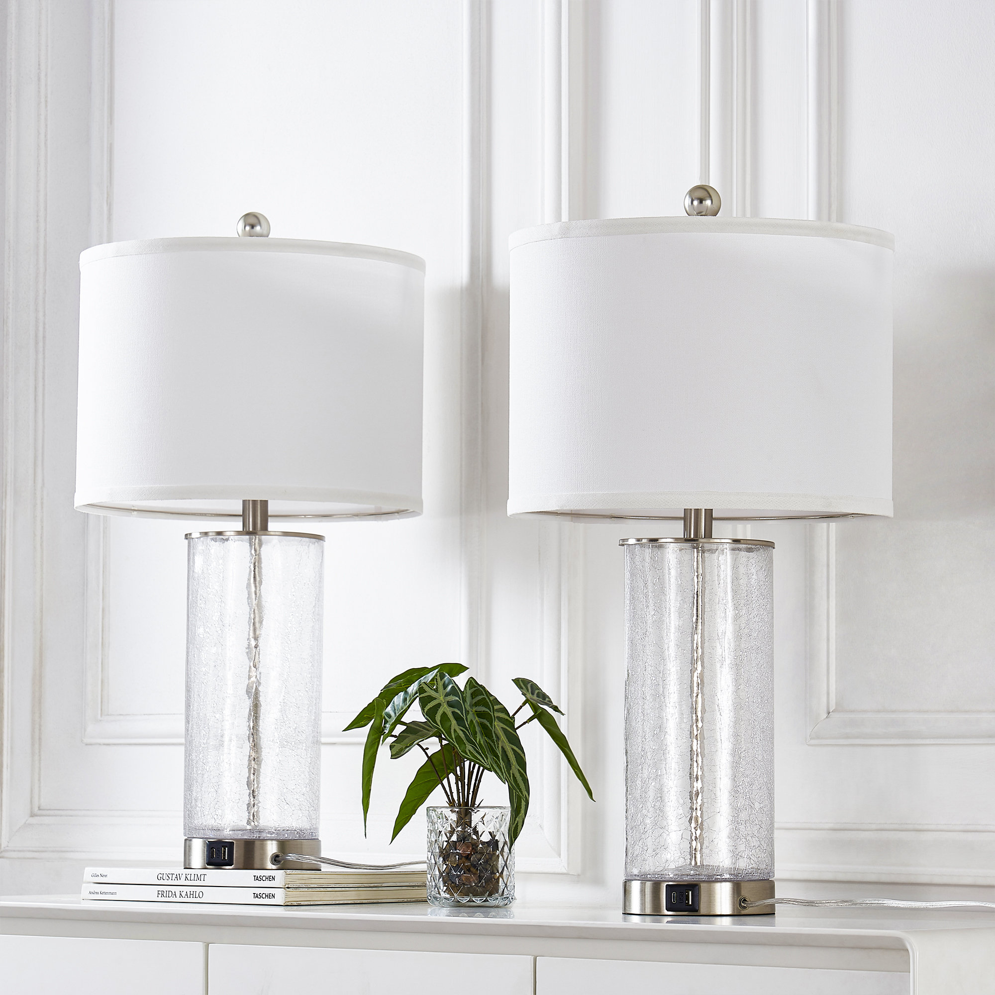 Mercer41 Quinita 23.25" Modern Glam MCM Glass And Metal Table Lamp Set ...
