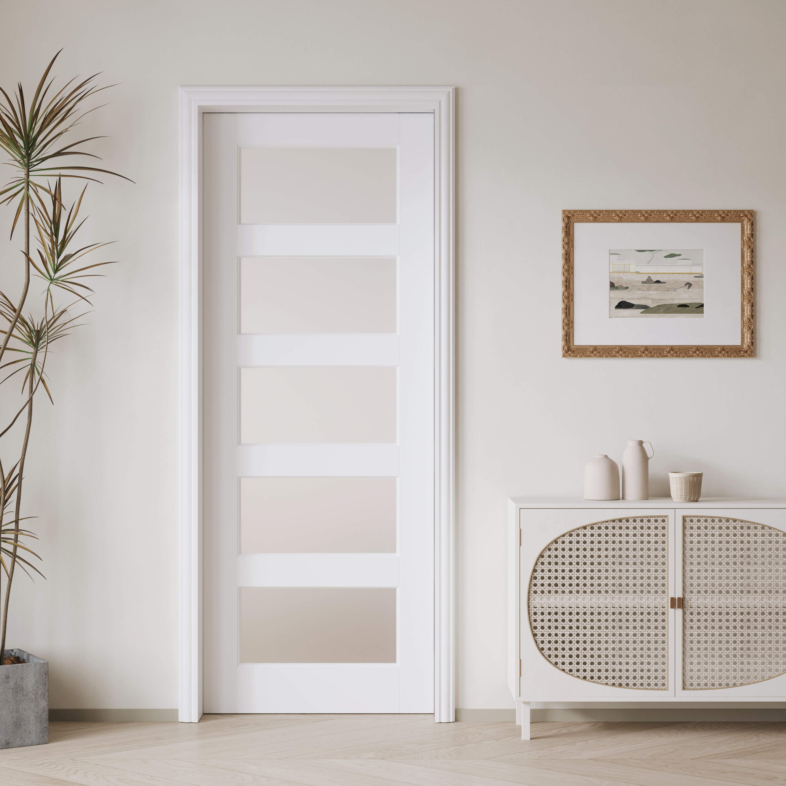 ARK DESIGN Frosted Glass 5-Lite Sliding Pocket Door White Standard Door ...