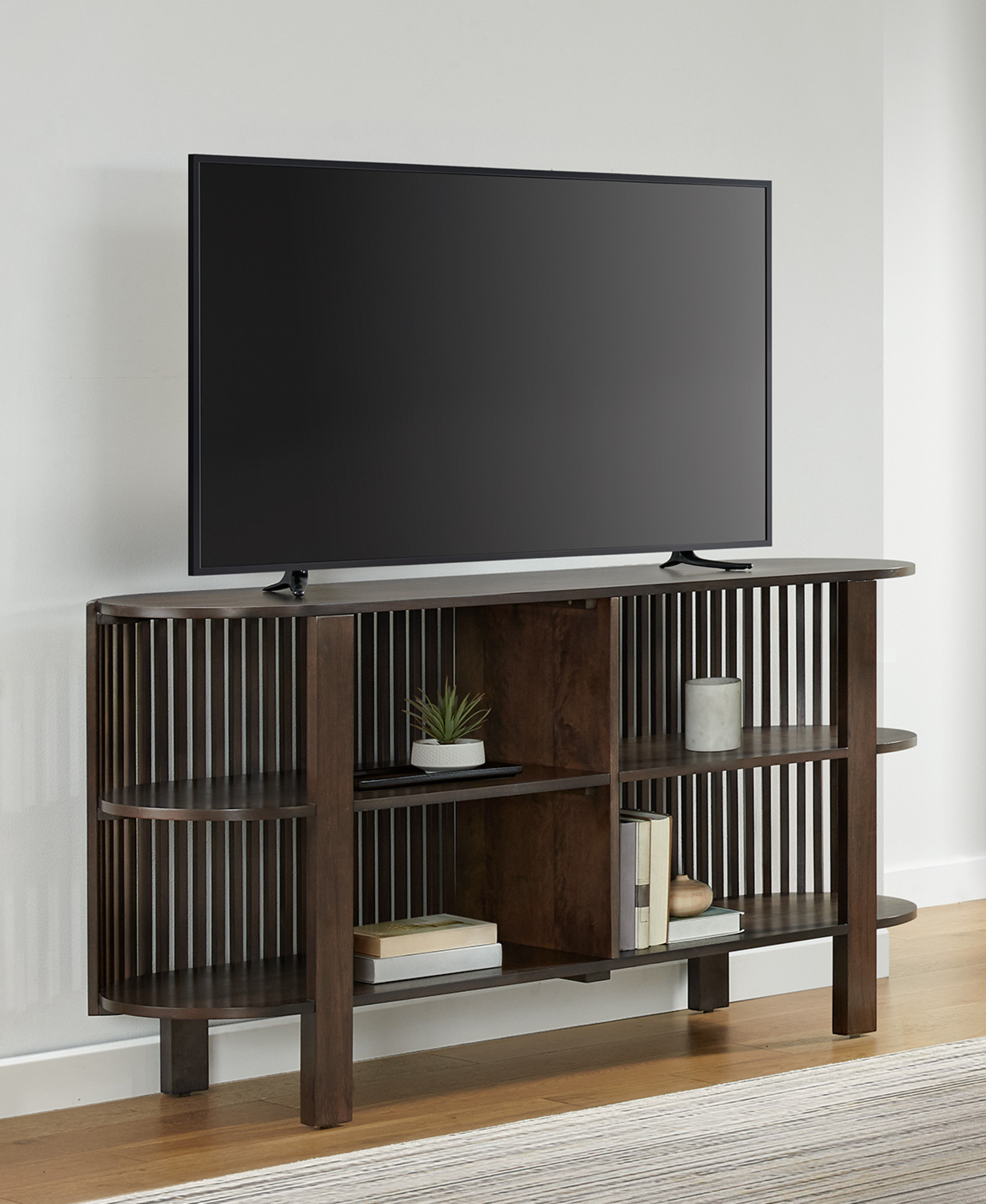 George Oliver Estie Wood Slatted Sofa Console Table With Open Shelves ...